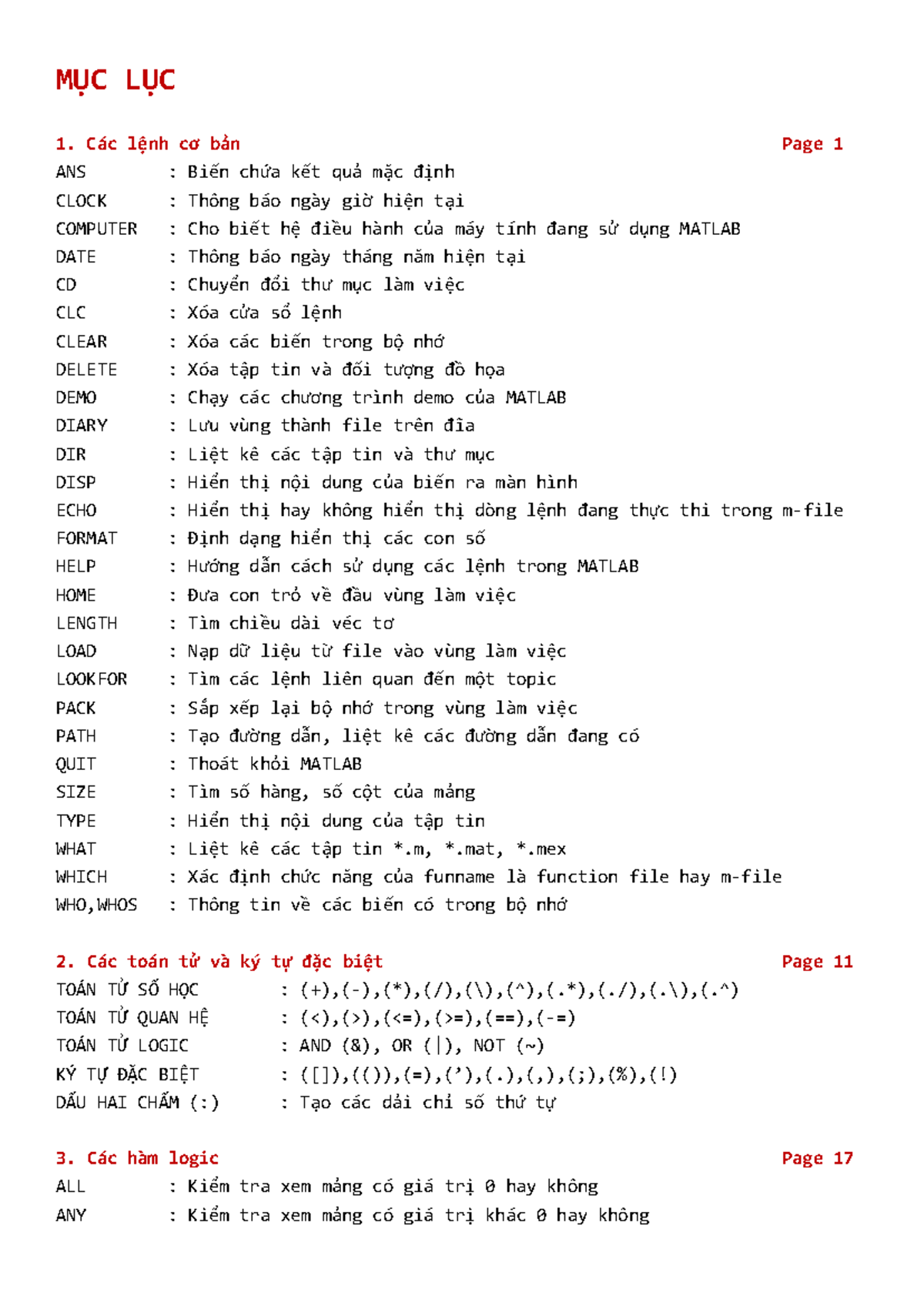 Tổng hợp các lệnh và hàm cơ bản trong MATLAB (MATH101) - Studocu