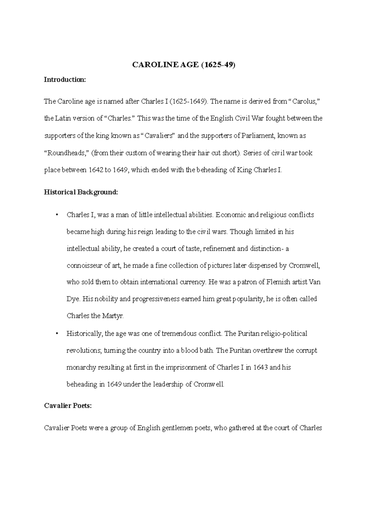 Caroline Age: Historical Overview and Cavalier Poets (E-Content) - Studocu