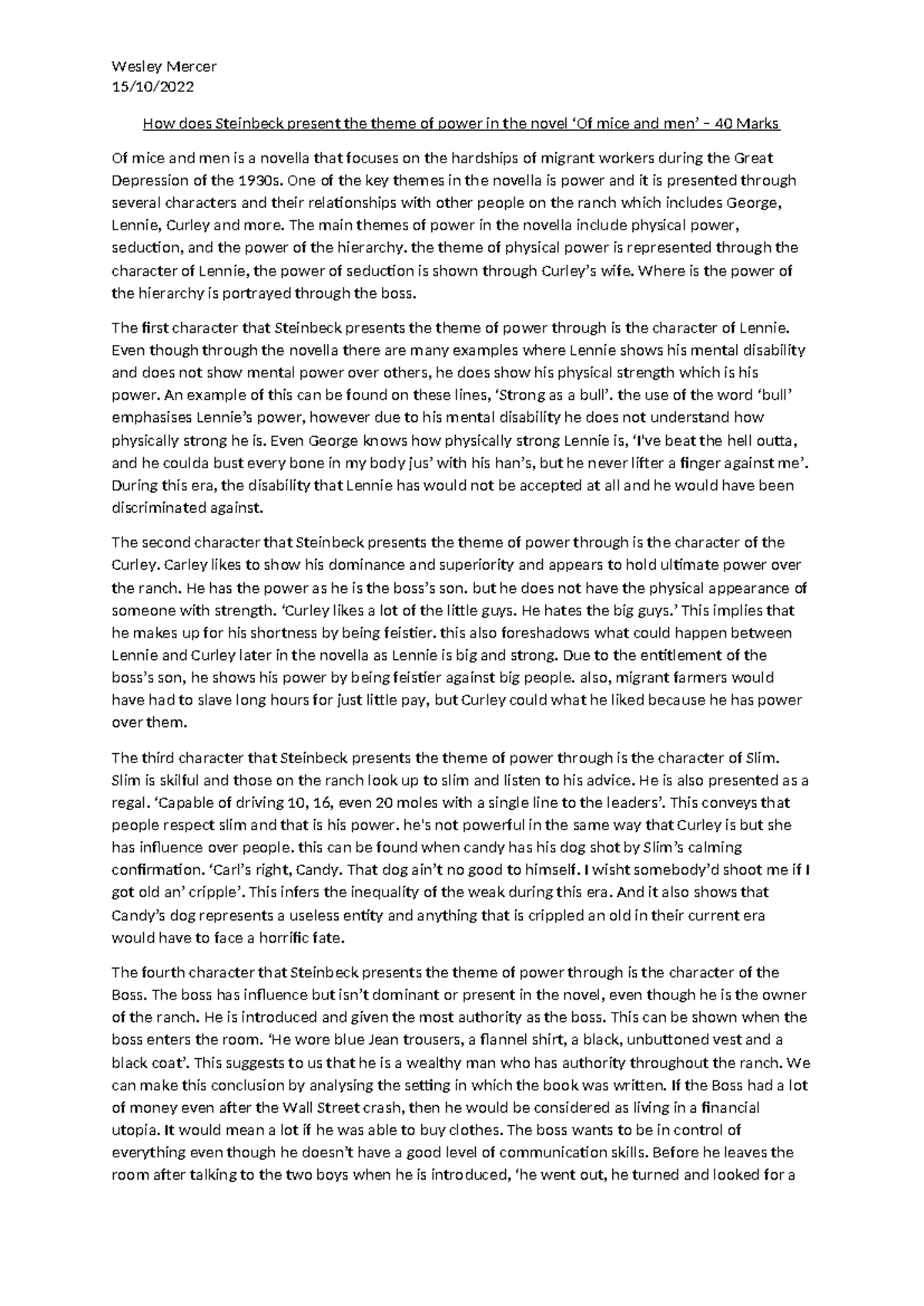 Analysis of Power Themes in Steinbeck's "Of Mice and Men" - 40 Marks ...