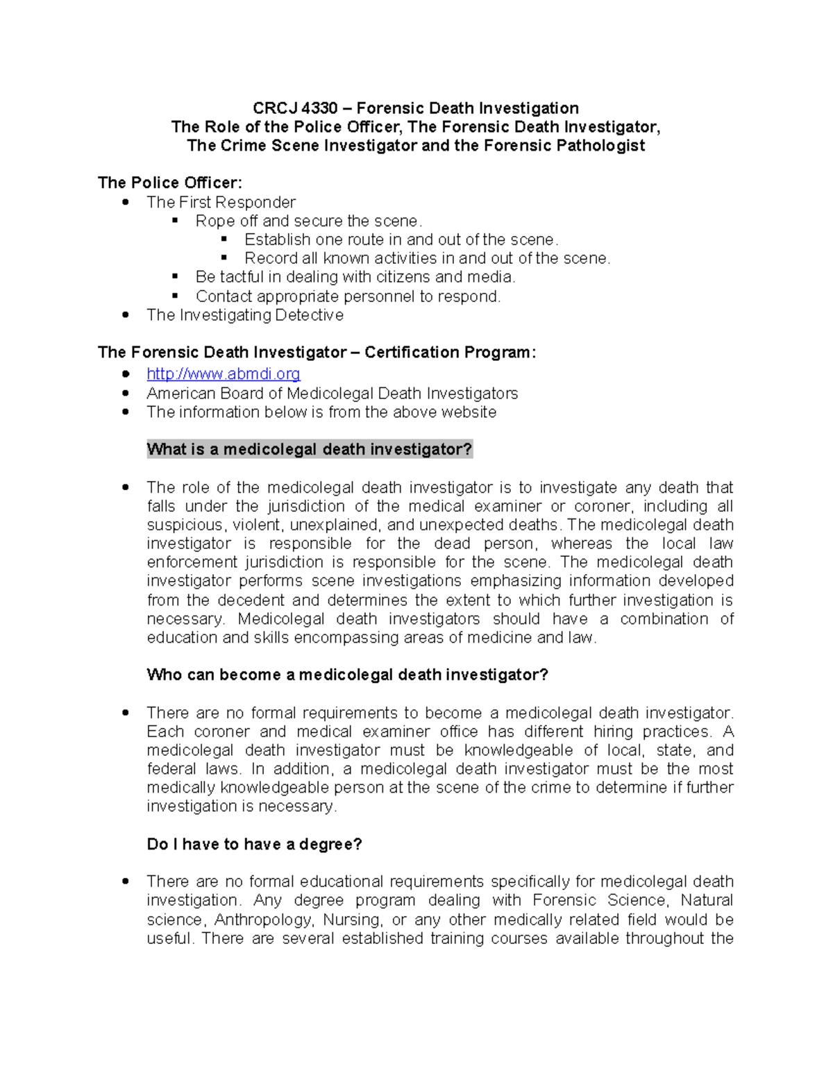 CRCJ 4330 Forensic Death Investigation: Roles & Certification Overview ...