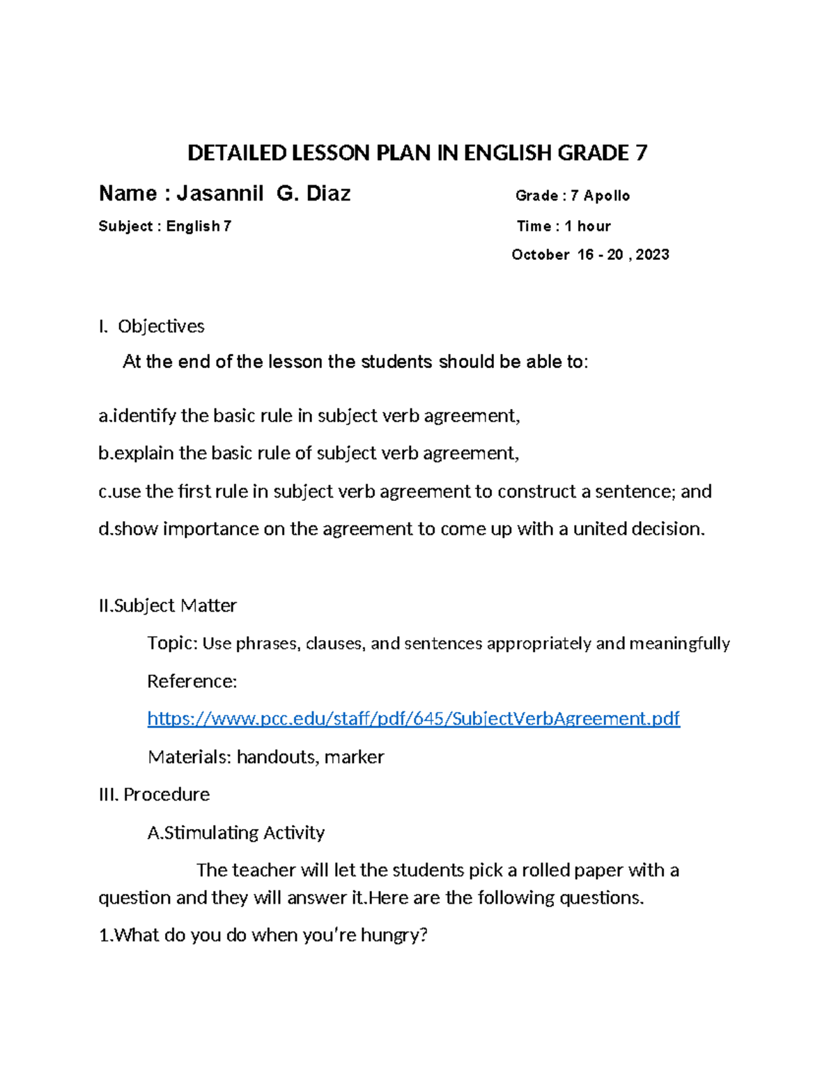 DETAILED LESSON PLAN: SUBJECT-VERB AGREEMENT (ENG 7) - Studocu