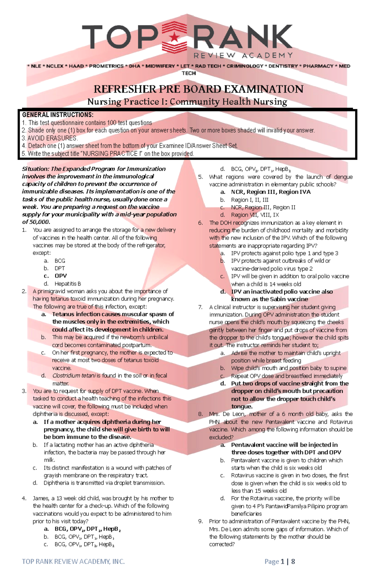 Refresher NP1 Exam Questions with Answer Key for Nursing Practice I - Studocu