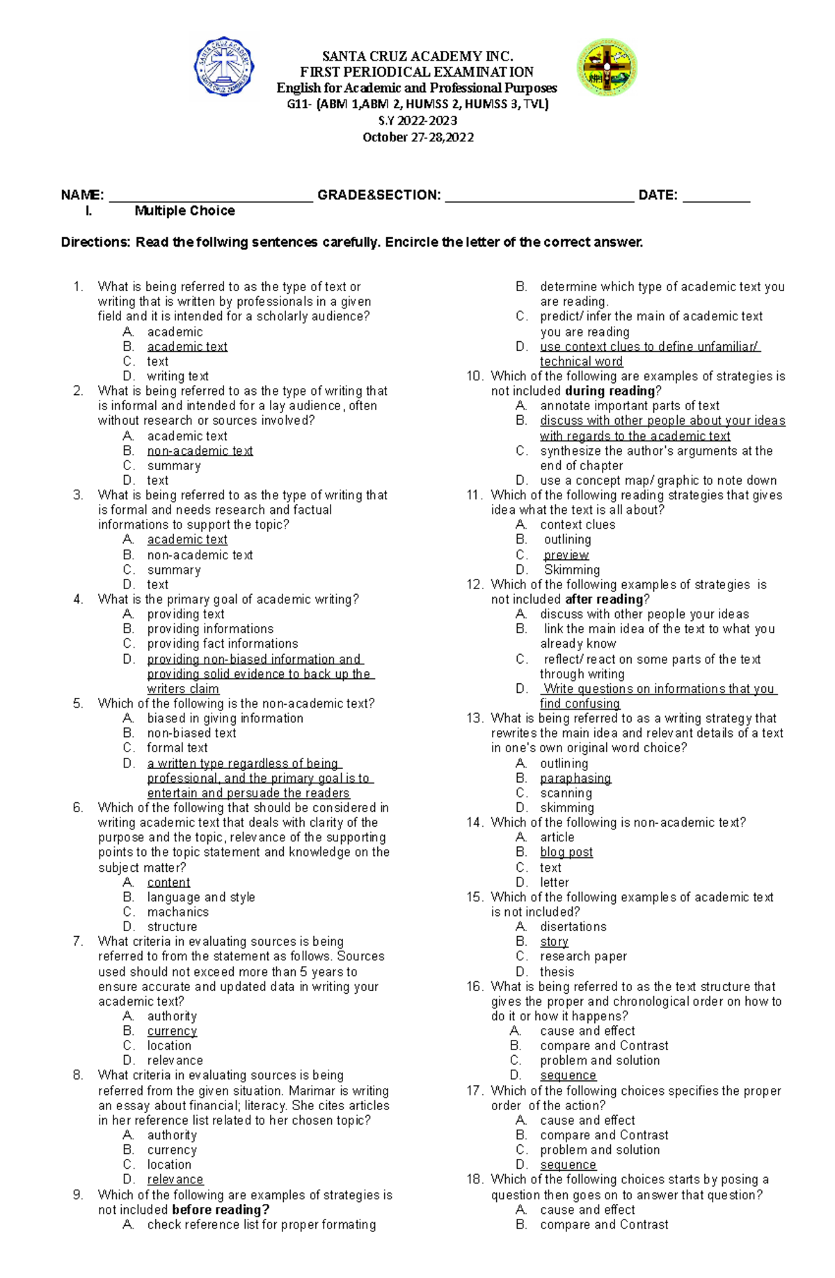 EAPP G11 First Periodical Exam Questions 2022-2023 - Studocu