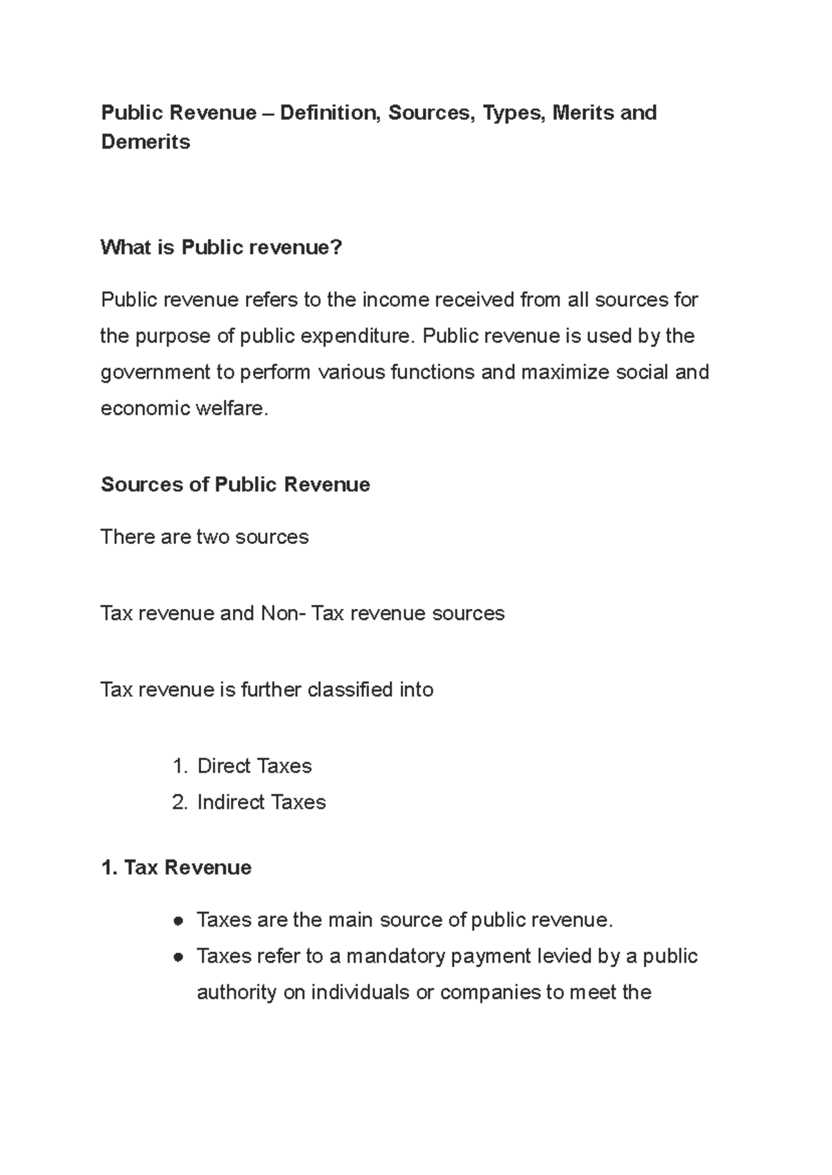 Public Revenue: Definitions, Sources, Types, Merits & Demerits - Studocu