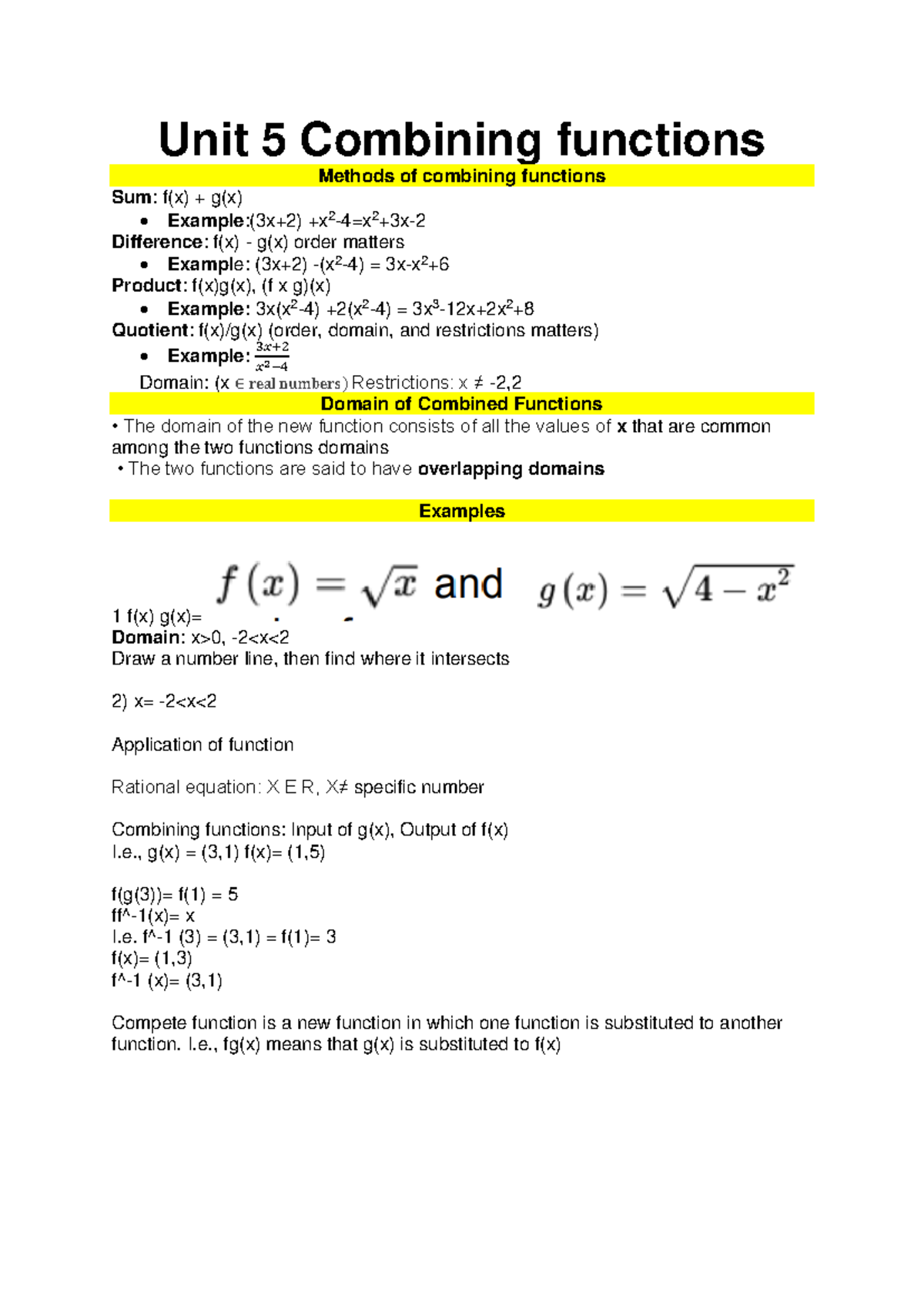 Unit 5: Combining Functions in Mathematics - Studocu
