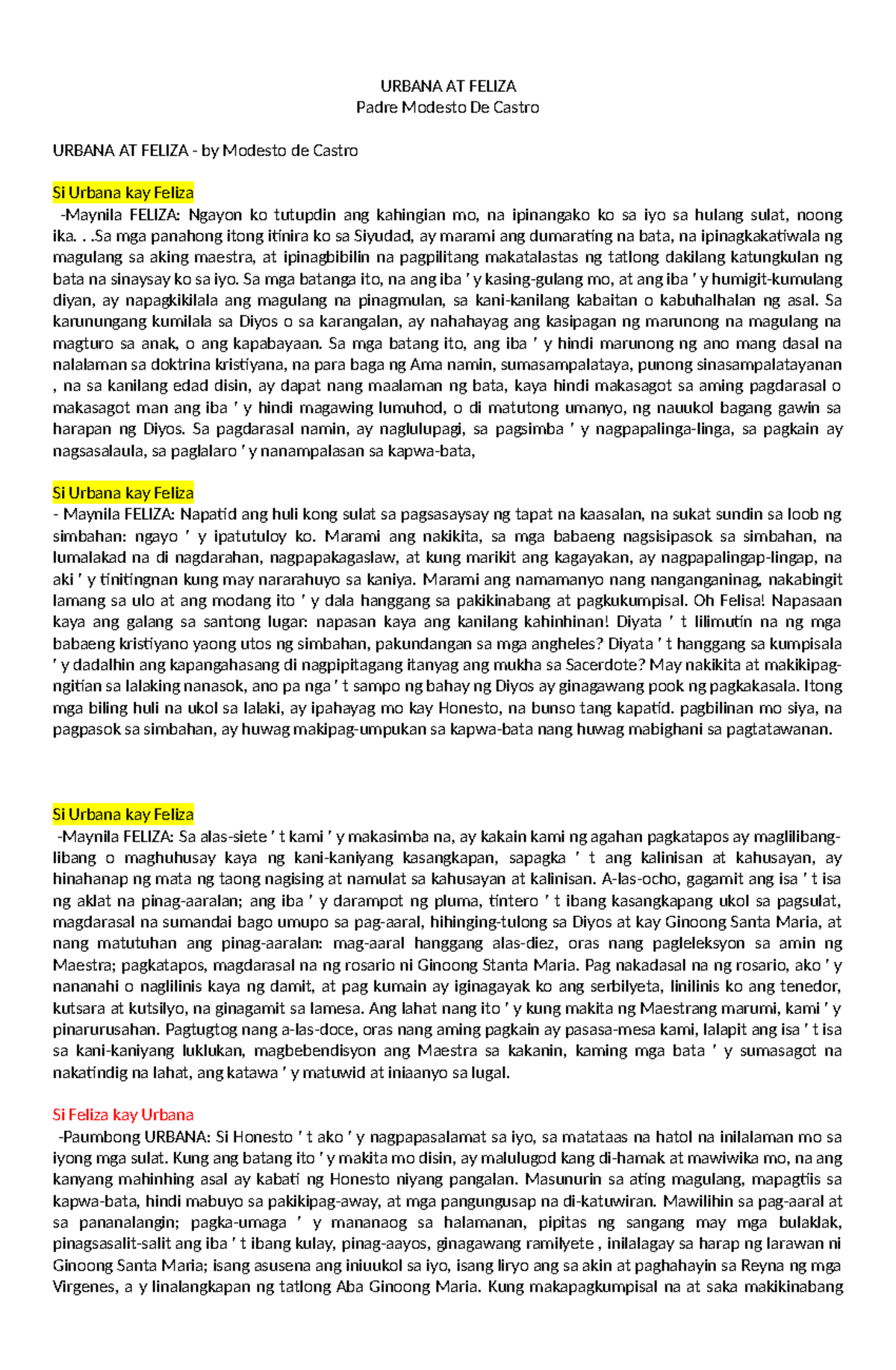 Urbana at Feliza: Isang Pagsusuri sa Moral at Relihiyosong Asal - Studocu