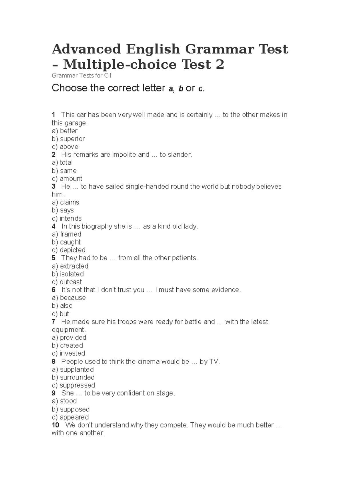 Advanced English Grammar Test 2 (C1 Level) - Multiple Choice Questions ...