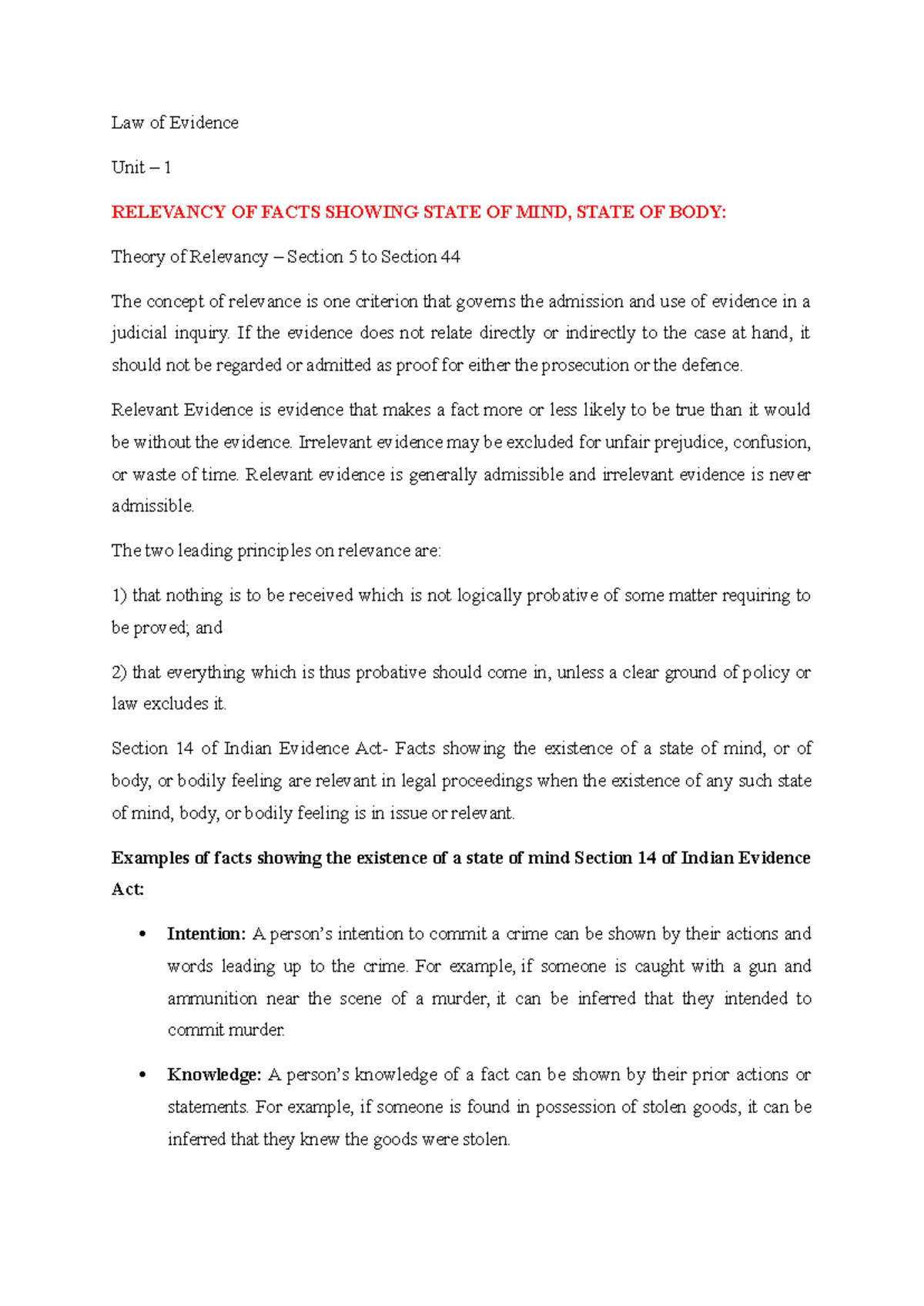 Unit 1 - Relevancy of Facts: State of Mind & Body in Law of Evidence ...