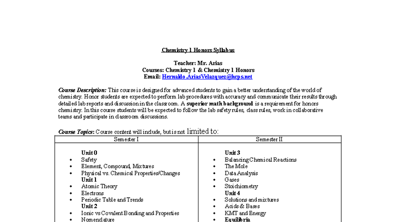 Chemistry 1 Honors Syllabus & Expectations - Mr. Arias - Studocu
