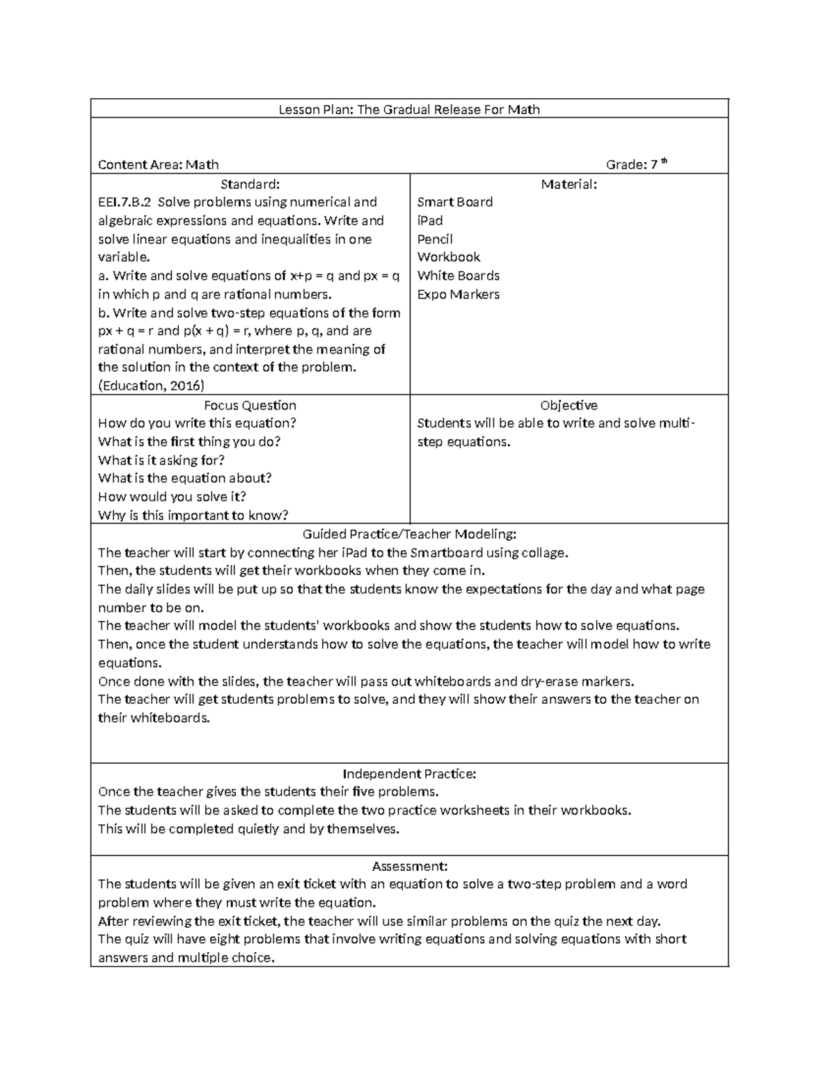 Lesson Plan: Gradual Release for Math 7 EEI.7.B.2 - Studocu