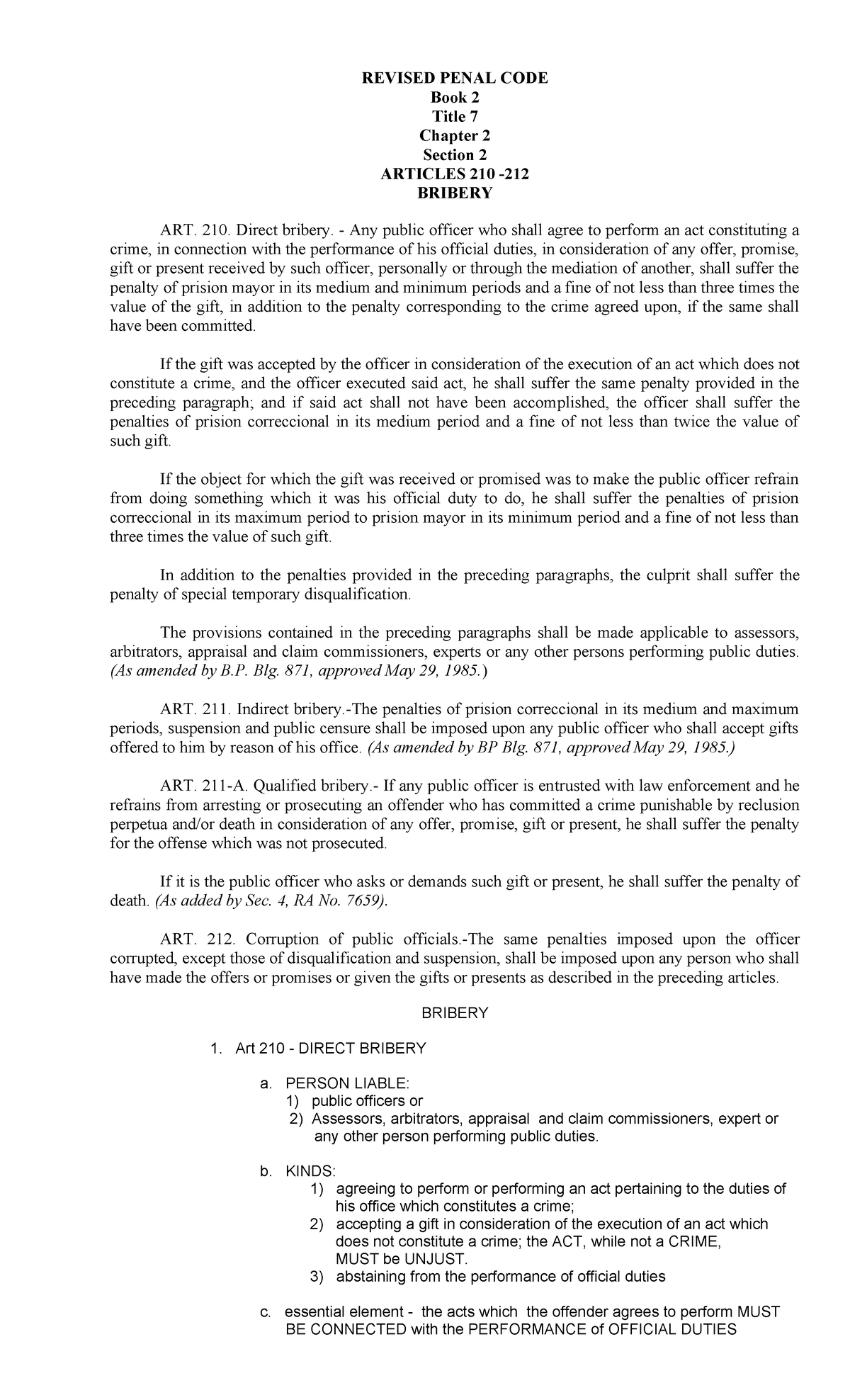 Revised Penal Code Analysis: Bribery (Arts 210-212) - 423770866 - Studocu