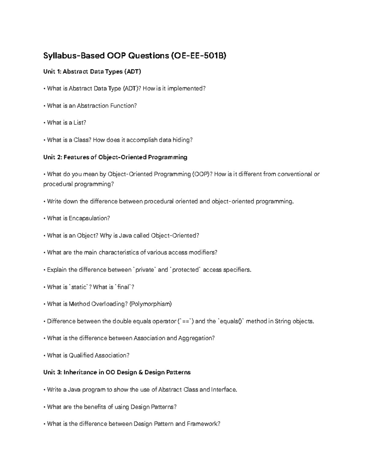 Syllabus-Based OOP Questions (OE-EE-501B): ADTs, Inheritance & Design ...