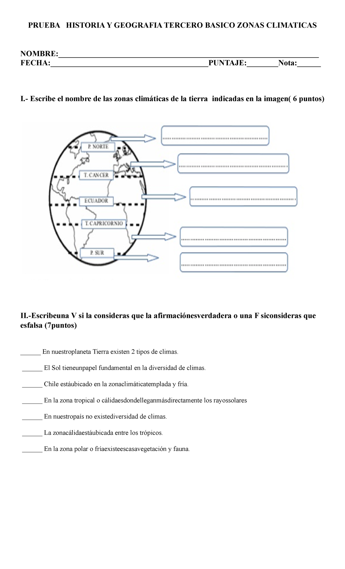Prueba de Historia y Geografía Tercero Básico: Zonas Climáticas - Studocu
