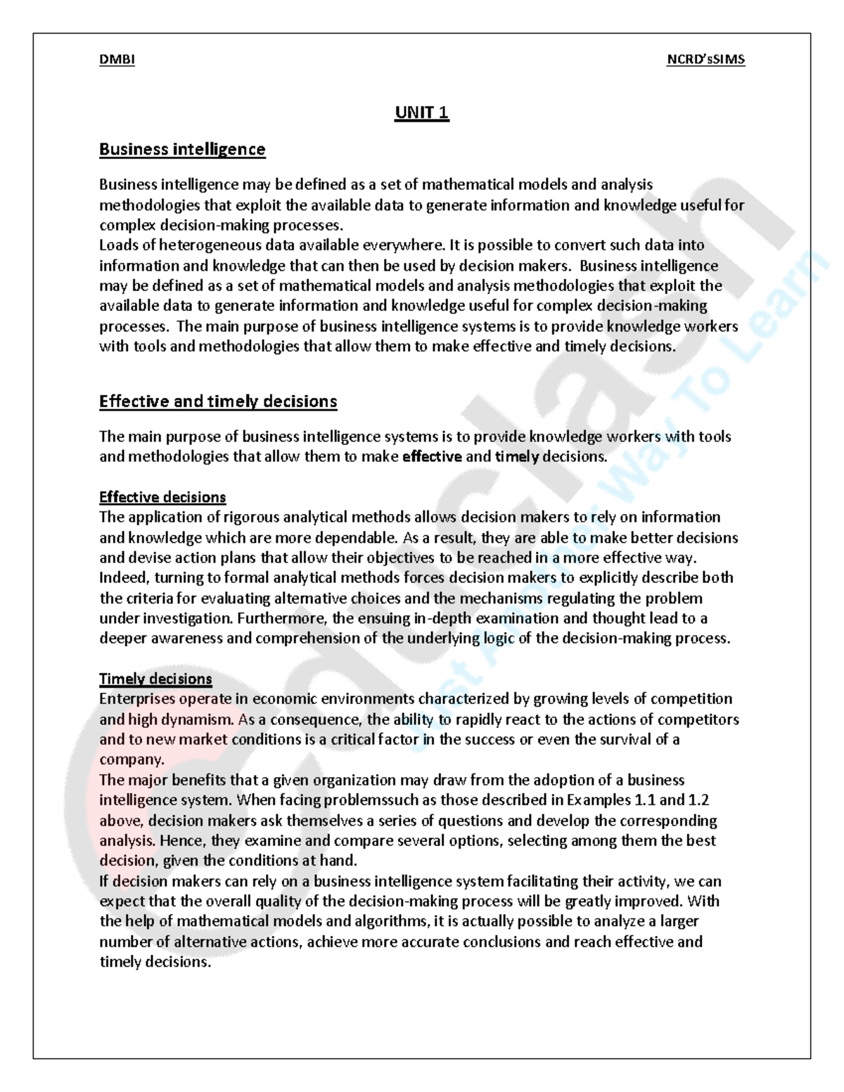 DMBI UNIT 1: Comprehensive Business Intelligence Study Notes - Studocu