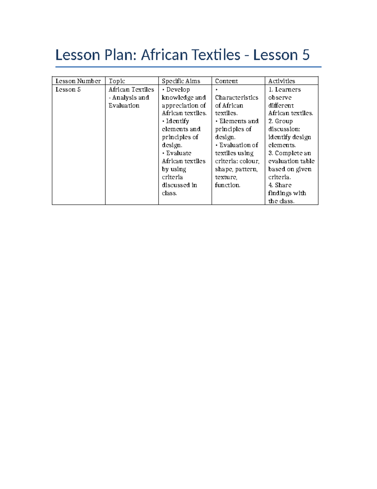 Lesson 5 African Textiles - Lesson Plan: African Textiles - Lesson 5 ...