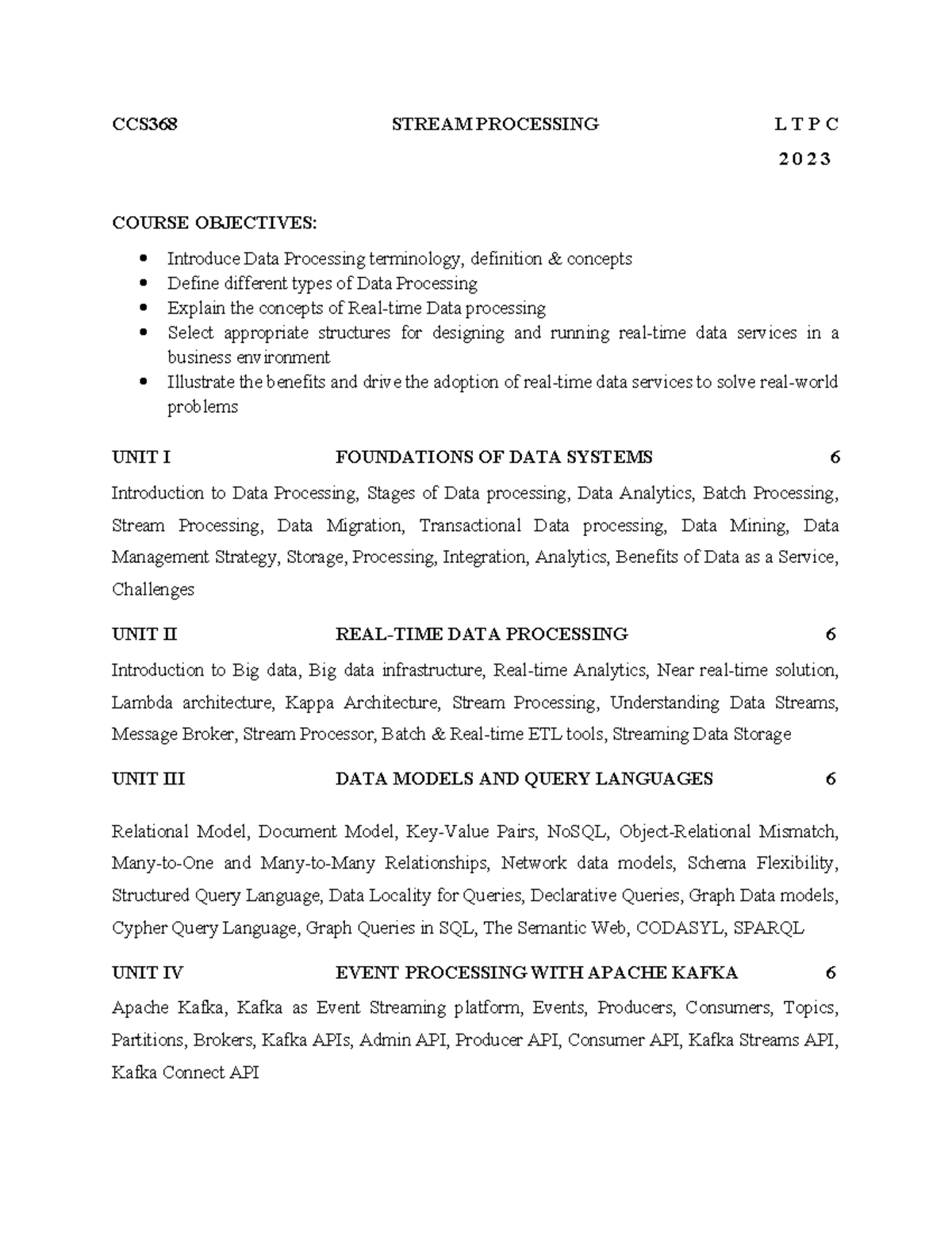 CCS368 Stream Processing Course Syllabus and Outline - Studocu