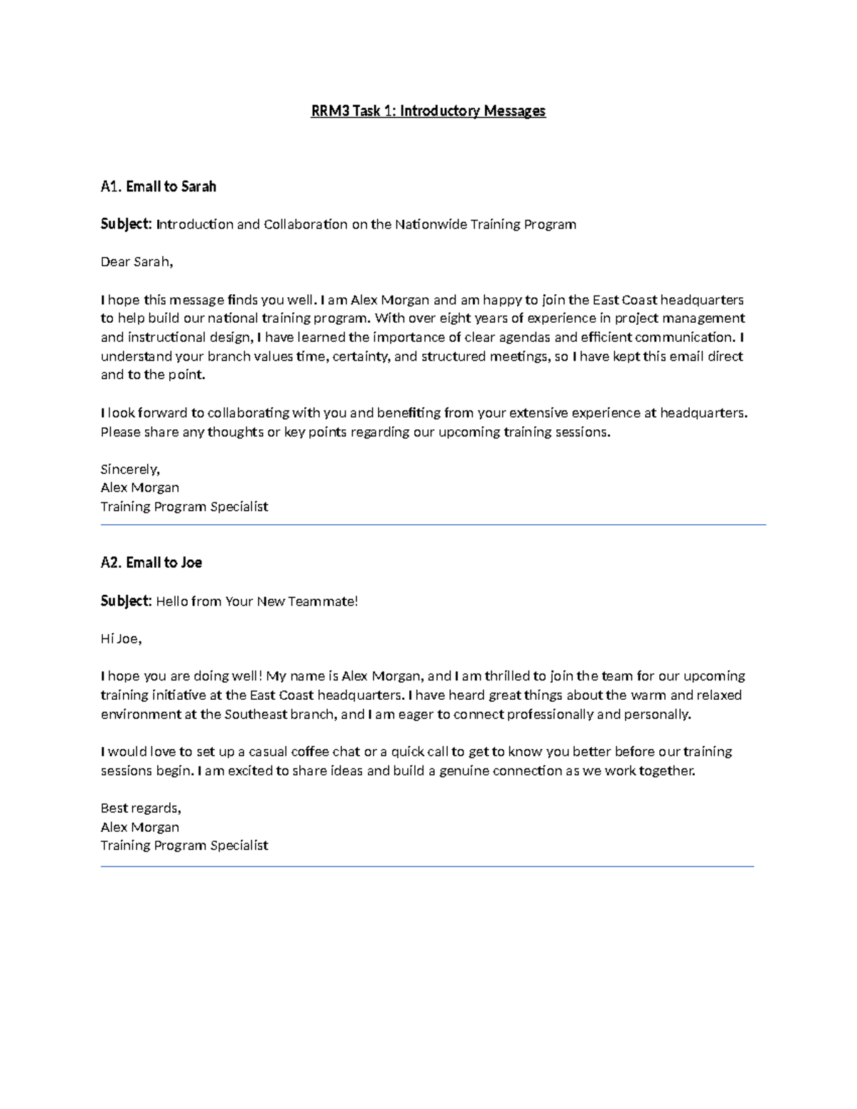 D268 - Task 1 - Passed - RRM3 Task 1: Introductory Messages A1. Email ...