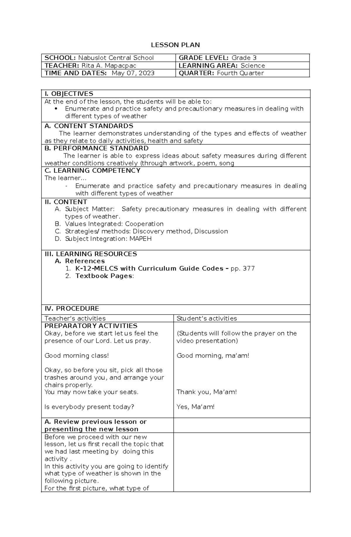 Detailed Lesson Plan in science 3 - LESSON PLAN SCHOOL: Nabuslot ...