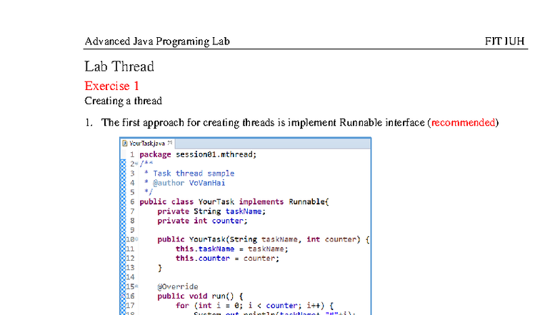 Advanced Java Programming Lab FIT IUH - Threading Exercises - Studocu