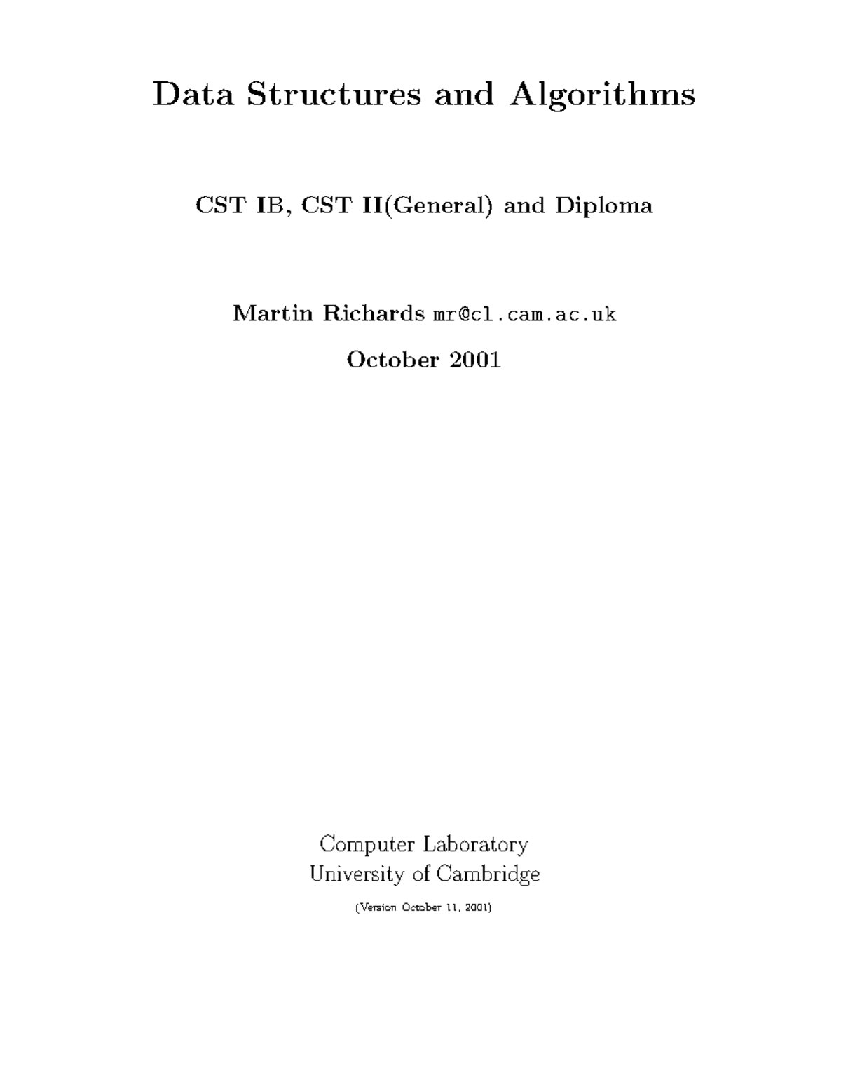 CST 2001: Data Structures and Algorithms Lecture Notes by M. Richards ...