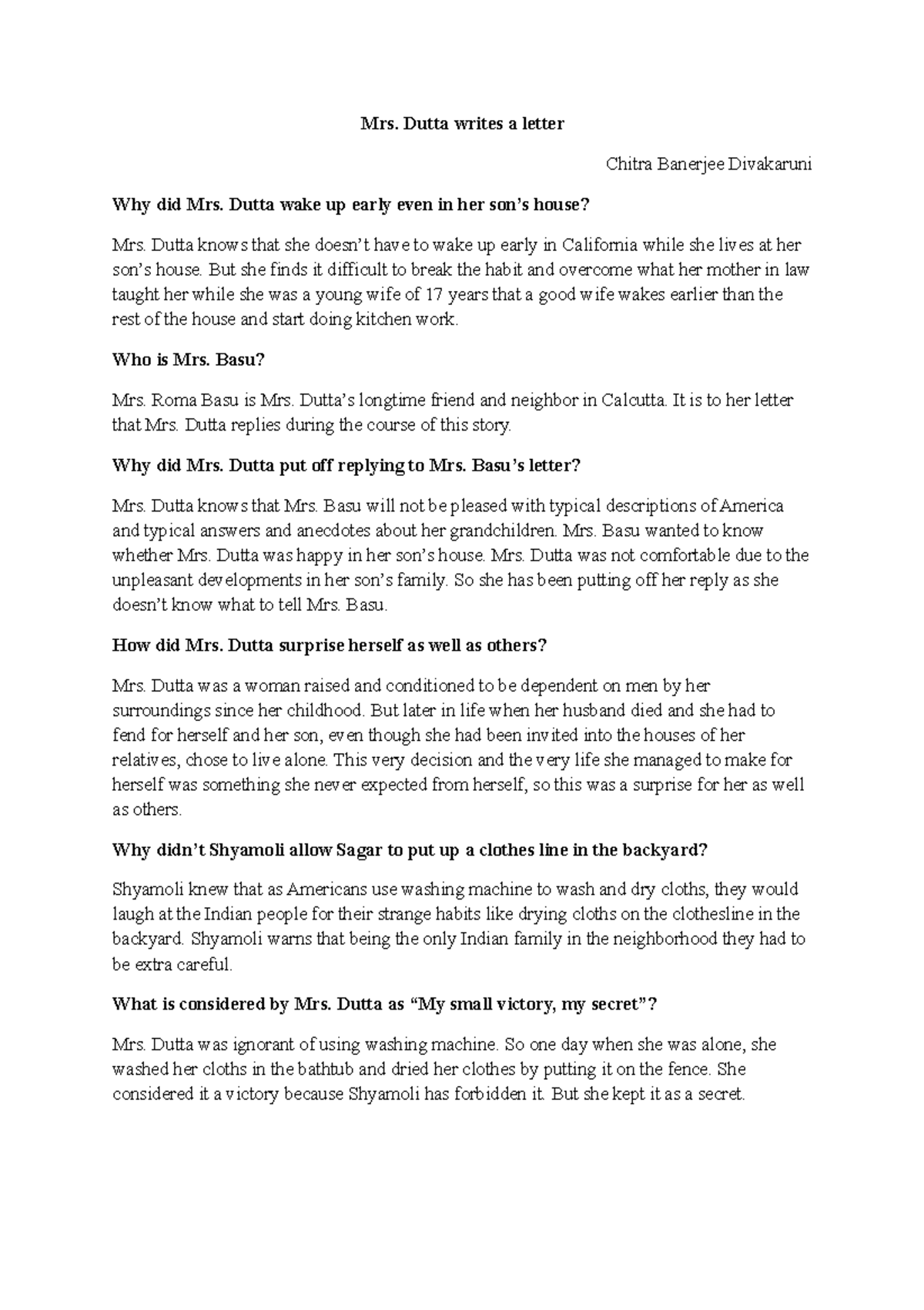 Mrs. Dutta writes a letter - Mrs. Dutta writes a letter Chitra Banerjee ...