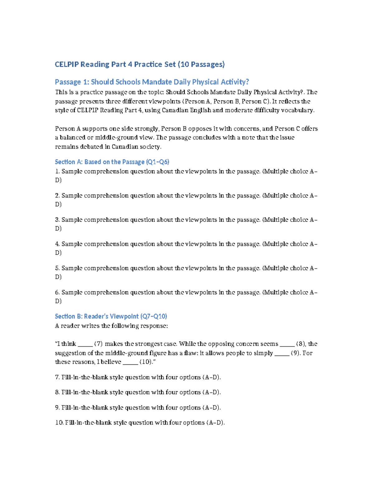 CELPIP Reading Part 4 Practice: Diverse Viewpoints on Key Issues - Studocu