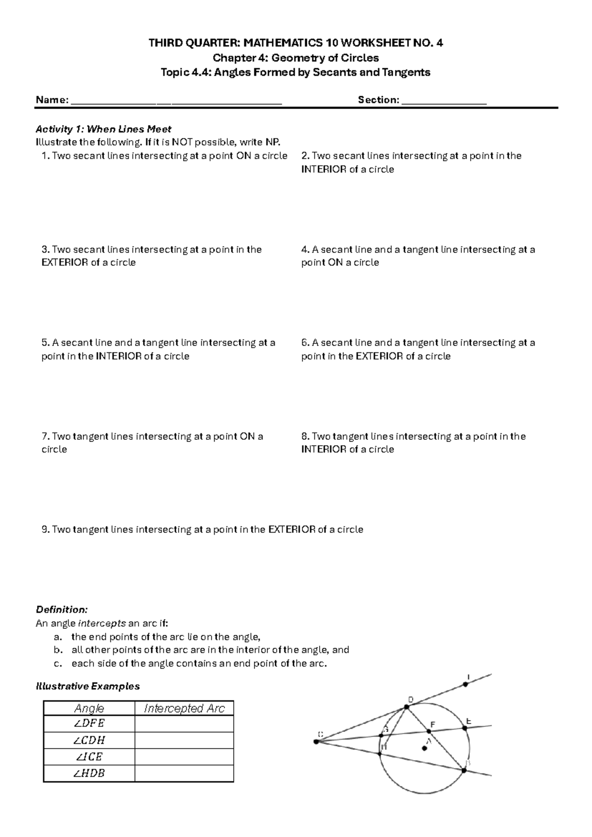 Q3 Math 10 Worksheet 4: Angles Formed by Secants & Tangents - Studocu