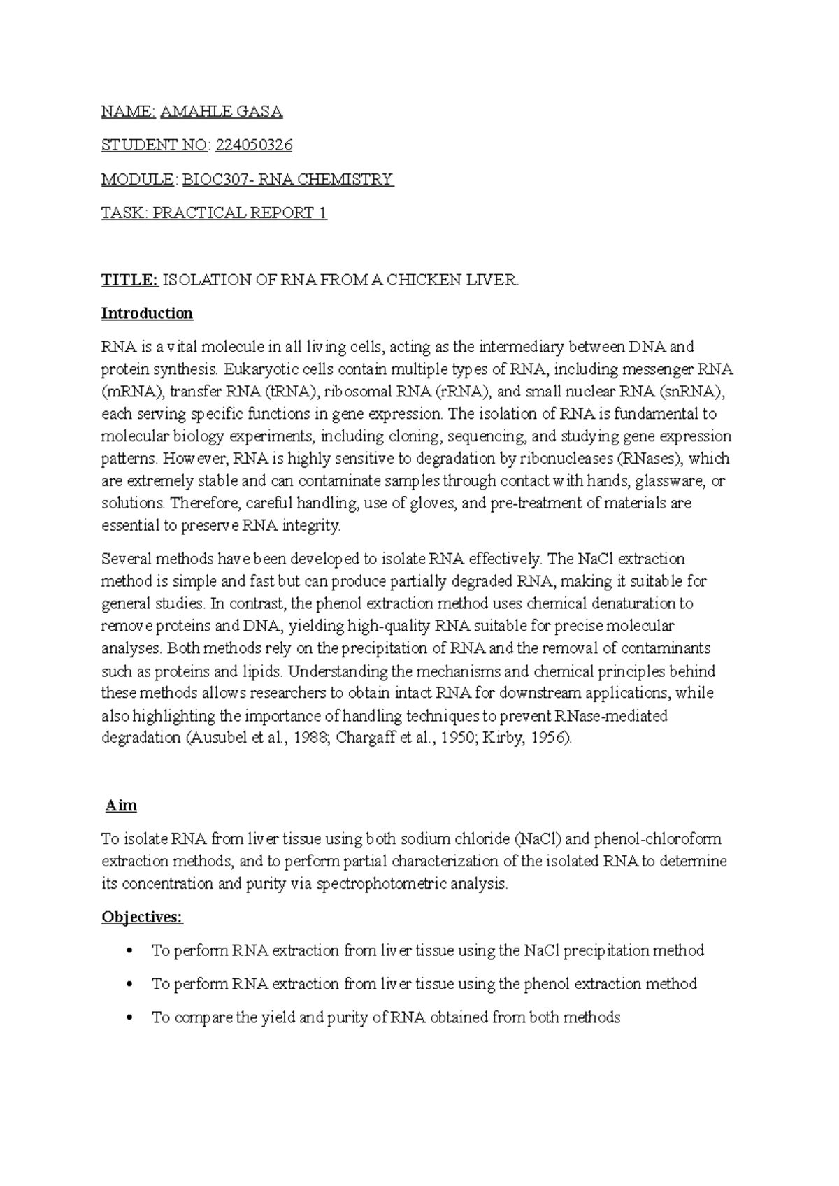 BIOC307 Practical Report 1: RNA Isolation from Chicken Liver - Studocu