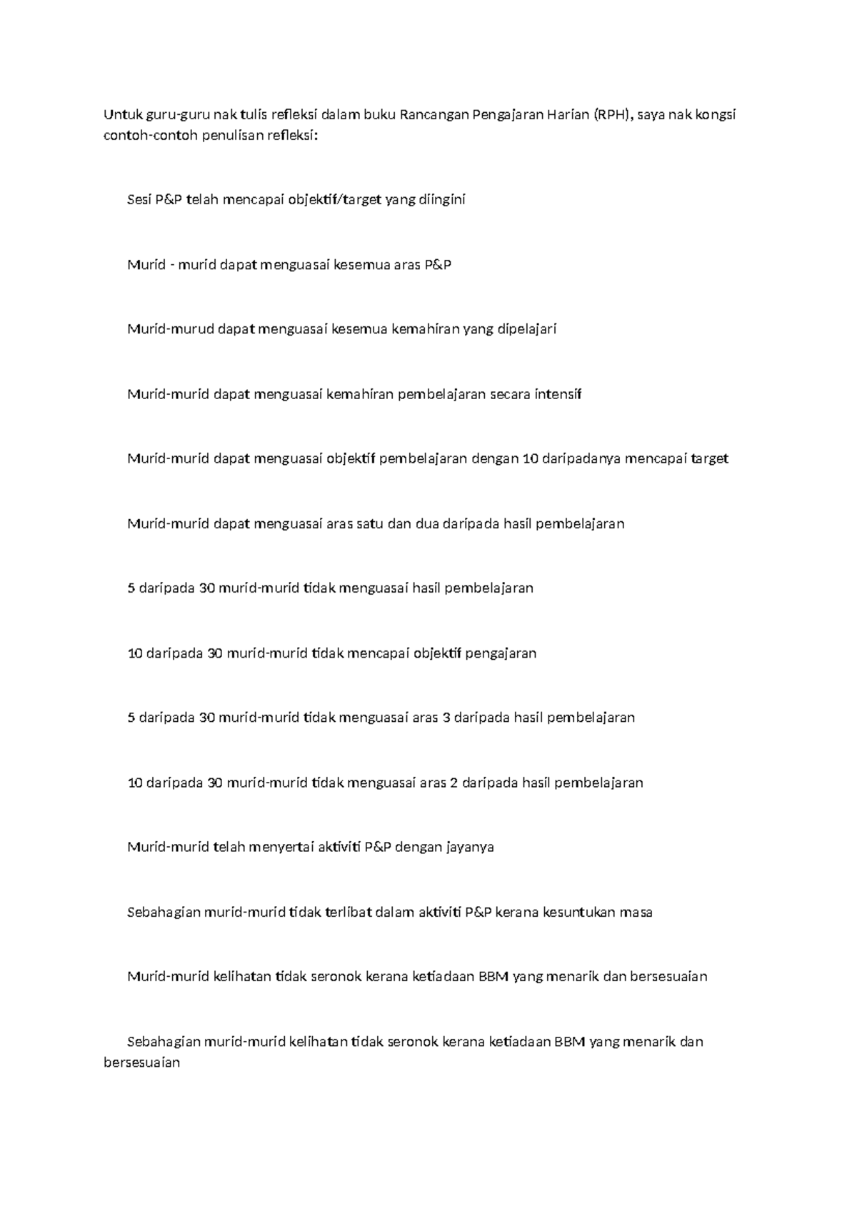 Contoh Penulisan Refleksi untuk RPH: Pedagogi dan Pengajaran - Studocu