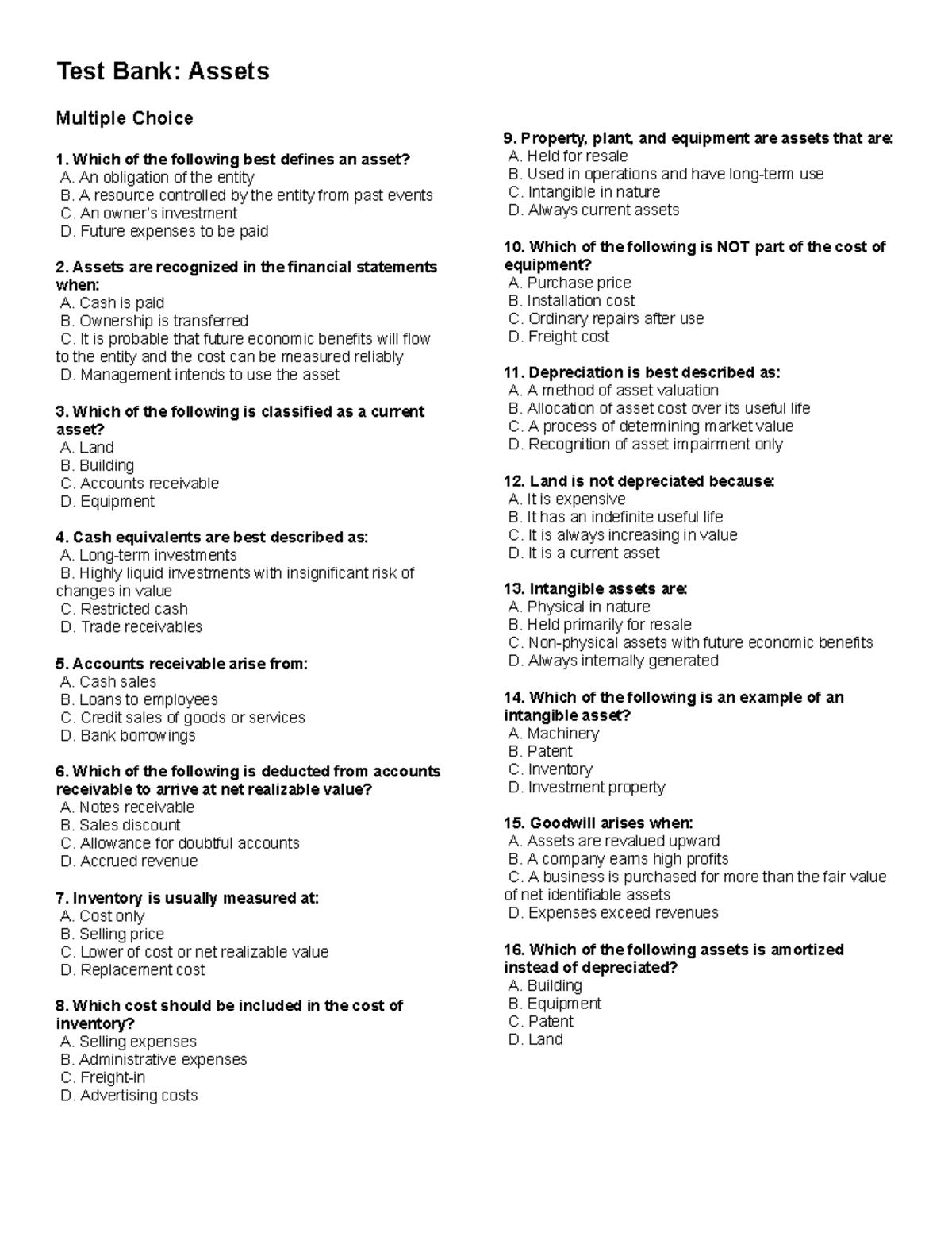 Assets Test Bank: Multiple Choice Questions on Financial Concepts - Studocu
