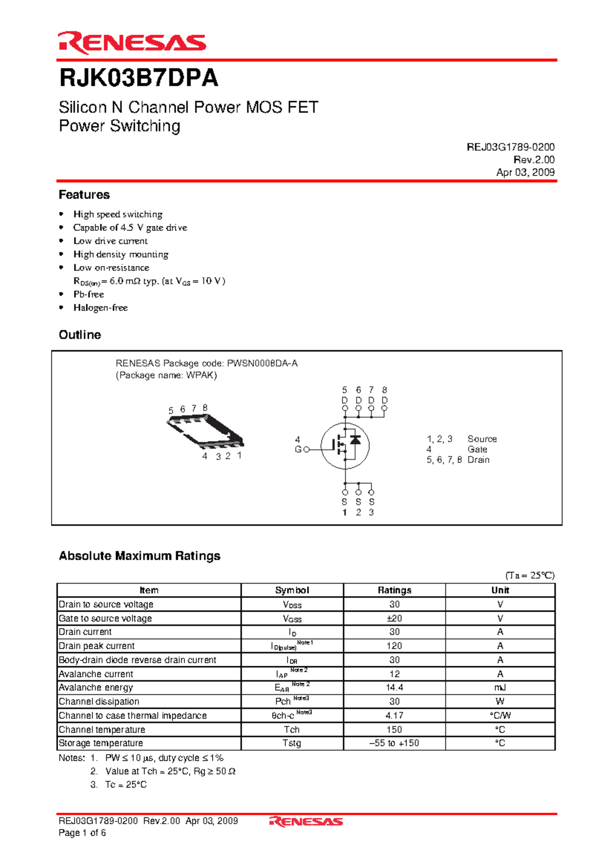 RJK03B7DPA - Silicon N Channel Power MOSFET Specifications and Features ...