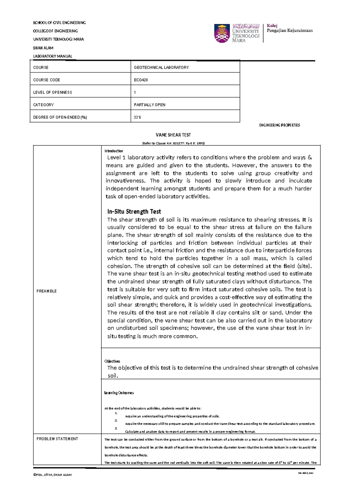 Lab 12 Vane Shear Test Manual & Report: Level 1 (Course ECG) - Studocu