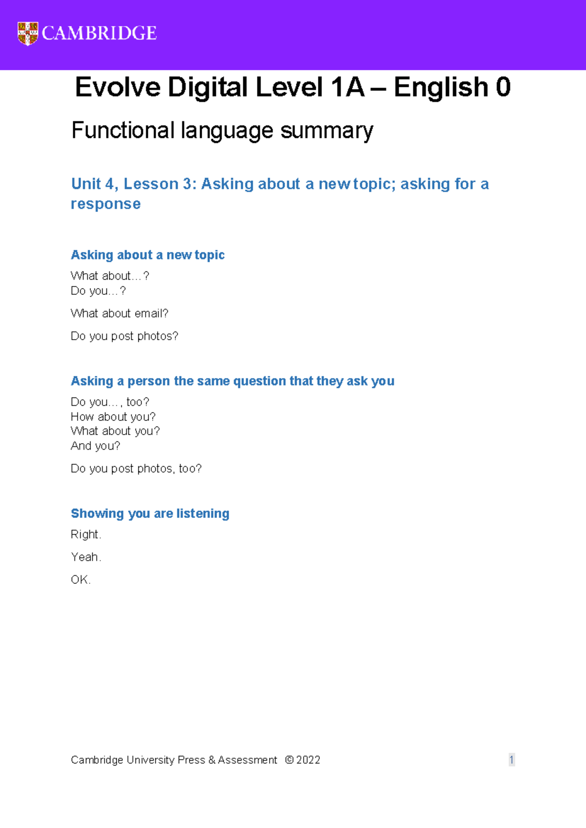 Unit 4 - E0 - Functional language - we talk ingles upc - Evolve Digital Level 1A English 0 - Studocu