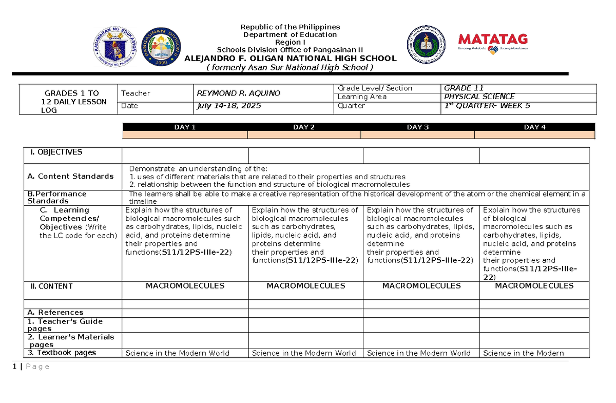 PHYSICAL SCIENCE GRADE 11 DAILY LESSON LOG - WEEK 5 - Studocu
