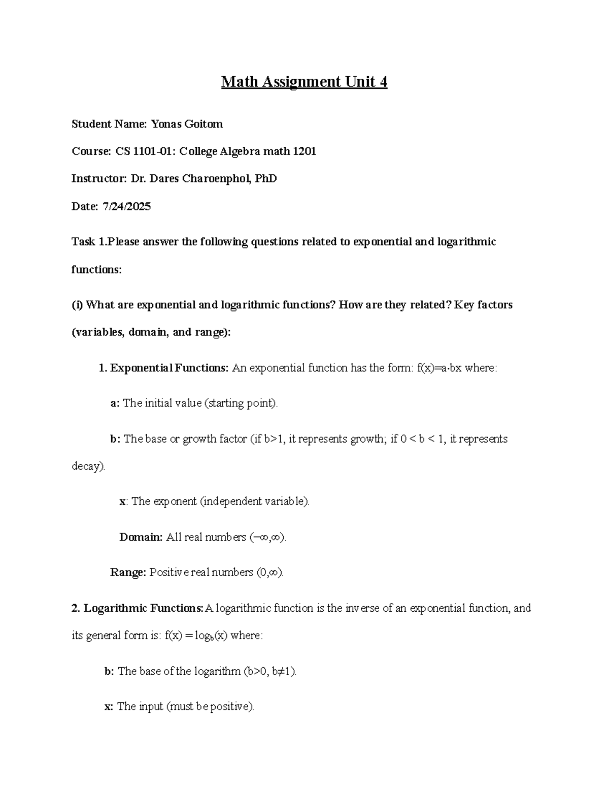 Math Assignment Unit 4: Exponential & Logarithmic Functions (MATH 1201 ...