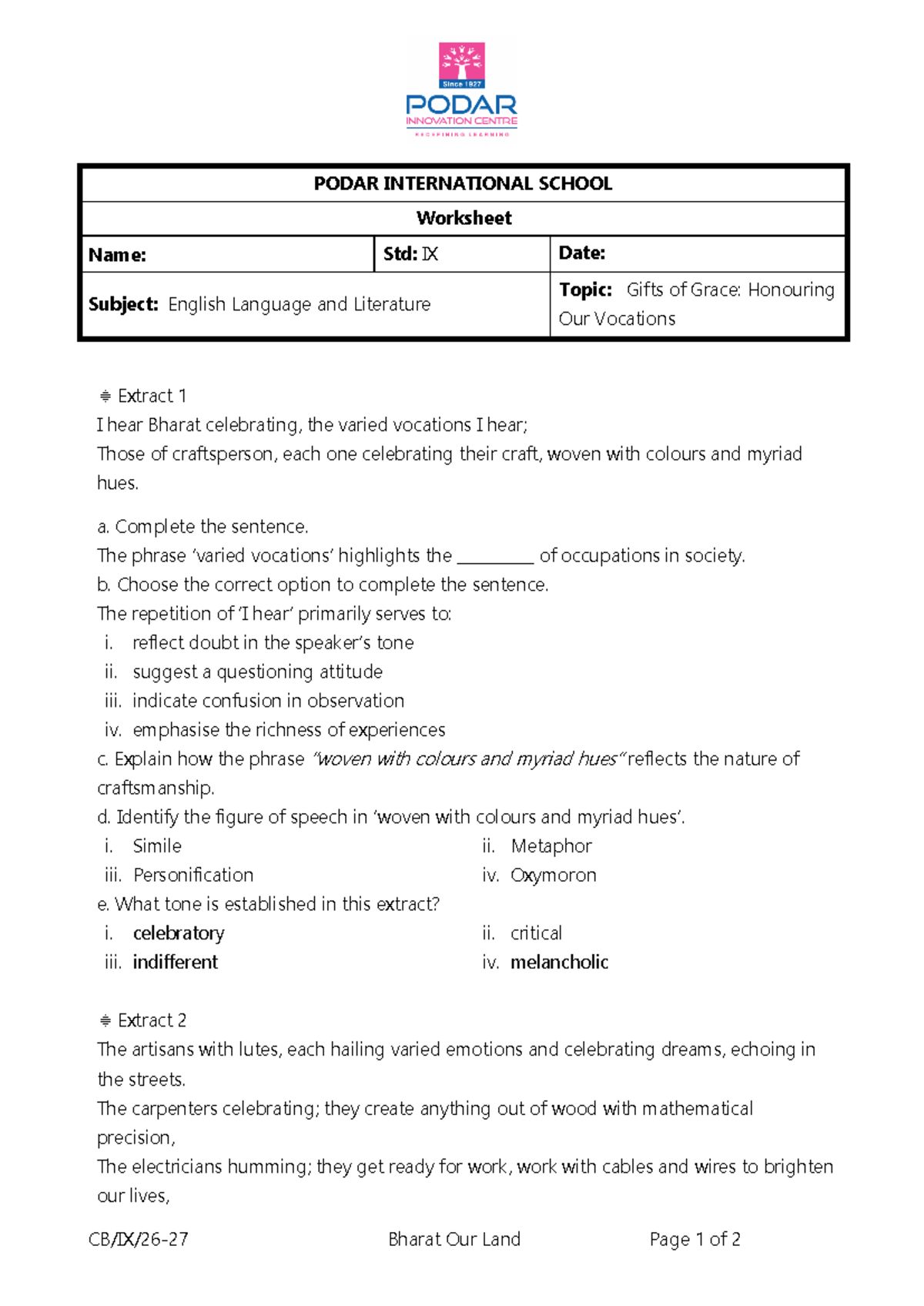 PODAR INTERNATIONAL SCHOOL Std IX English Worksheet: Gifts of Grace ...