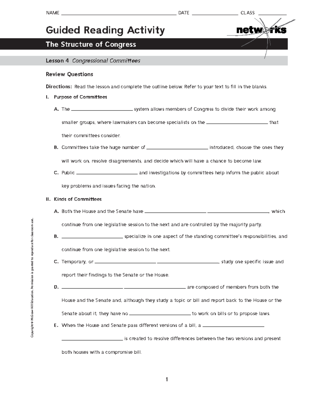 Chpt 5 Lesson 4 Guided Reading: Congressional Committees Worksheet ...
