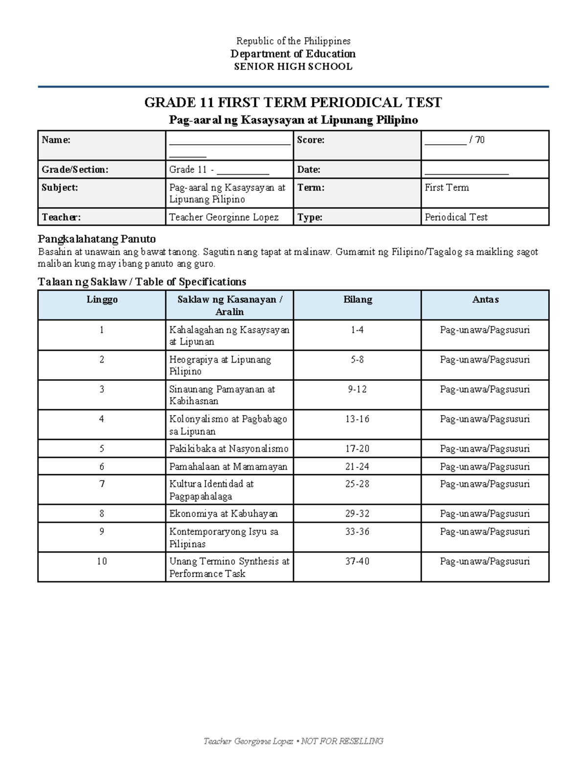 Grade 11 First Term Periodical Test sa Kasaysayan at Lipunang Pilipino ...