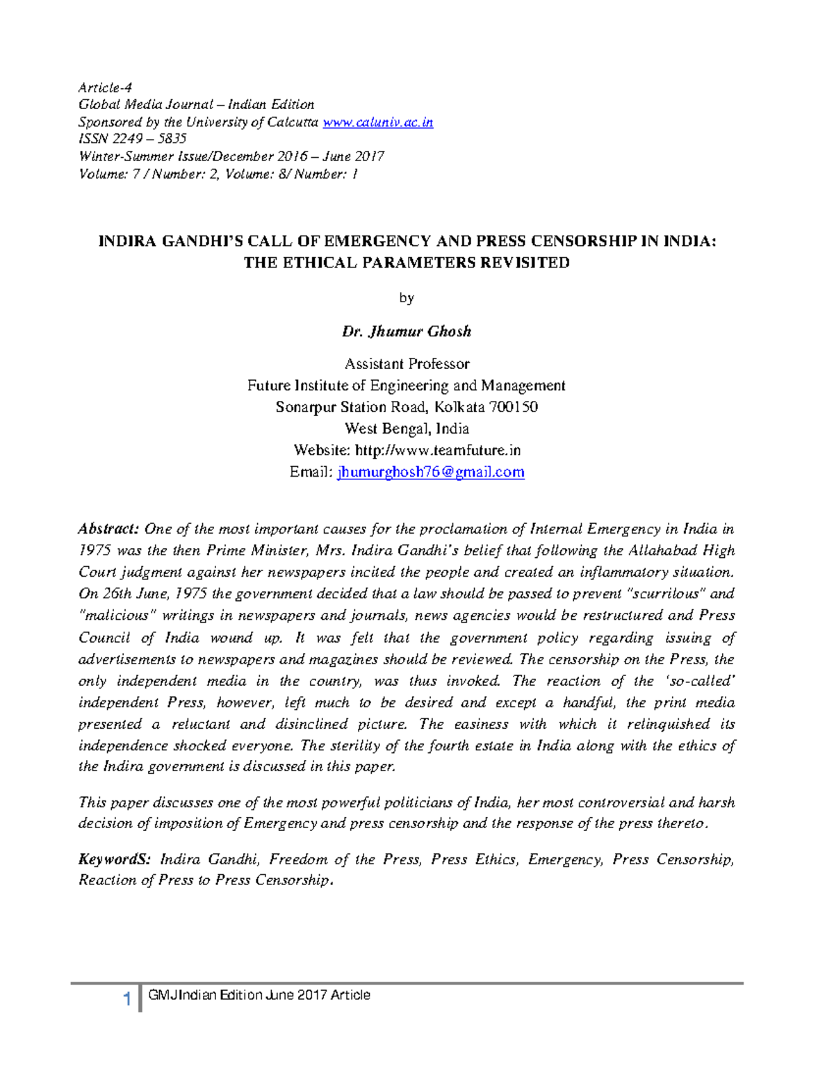 A4 - India emergency 1975 - Article- 4 Global Media Journal – Indian ...