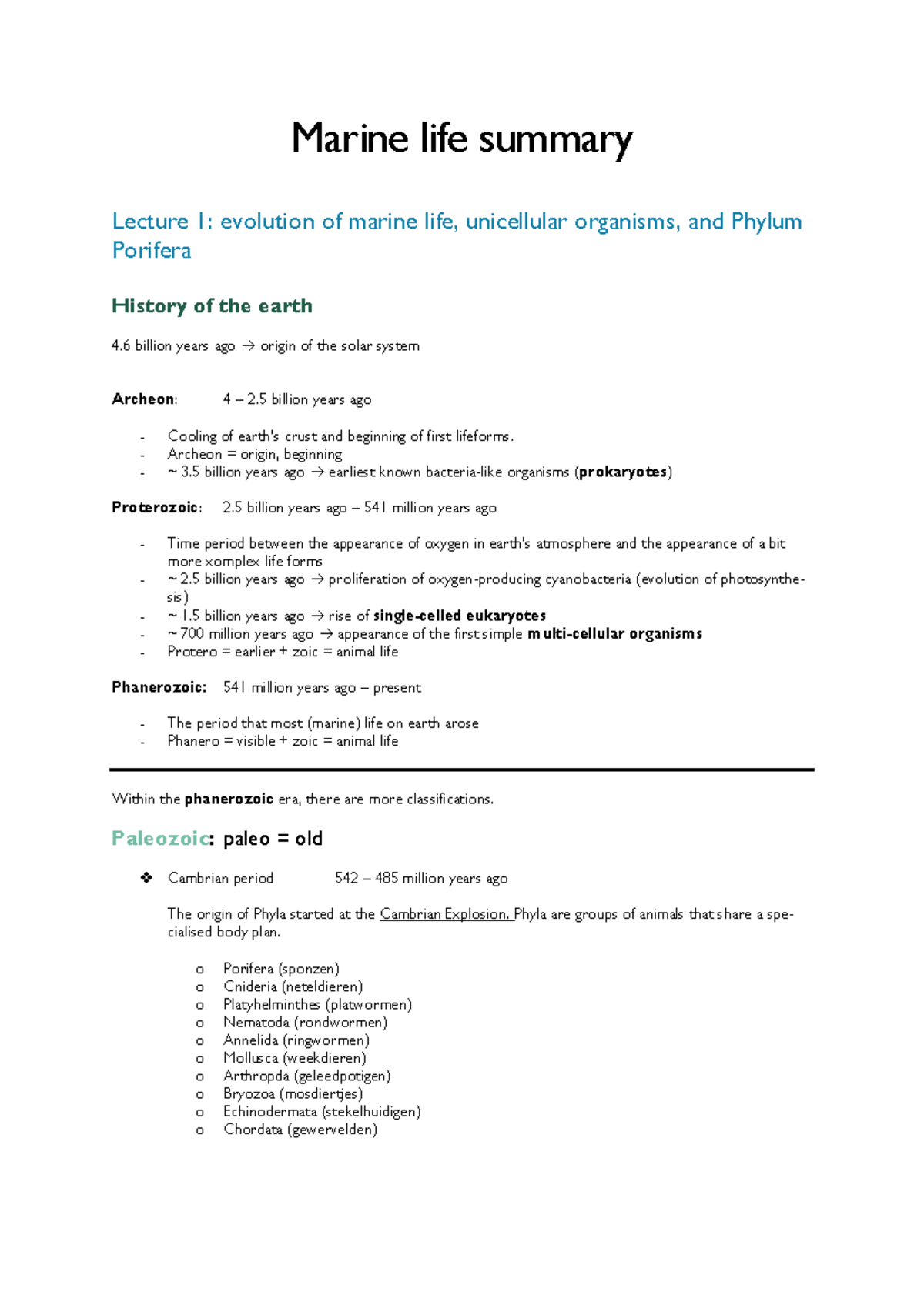 Marine Life Summary: Lecture 1 - Evolution of Marine Life and Phylum ...