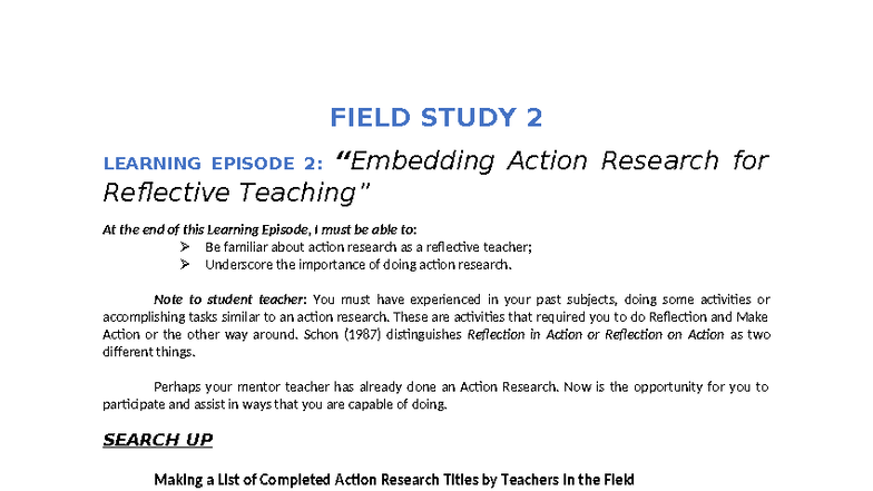 FIELD STUDY 2: Learning Episode 2 - Reflective Action Research Insights ...
