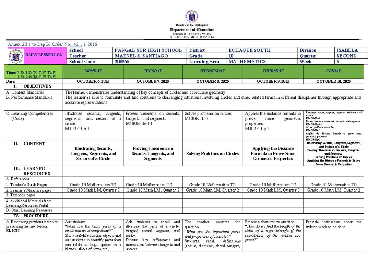 Grade 10 Math Lesson Log: Week 6 - Circles & Geometry Concepts - Studocu