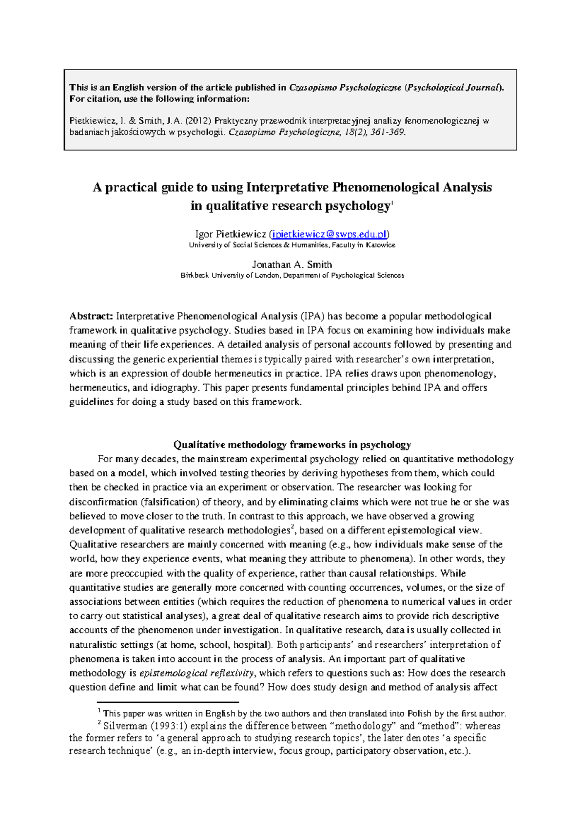A Practical Guide to Using IPA in Qualitative Psychology Research - Studocu