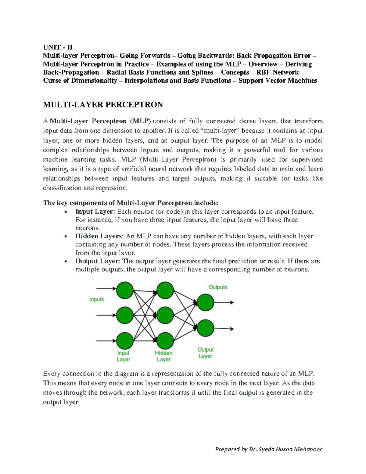 UNIT-2 Machine Learning: MLP, Backpropagation, and RBF Networks - Studocu
