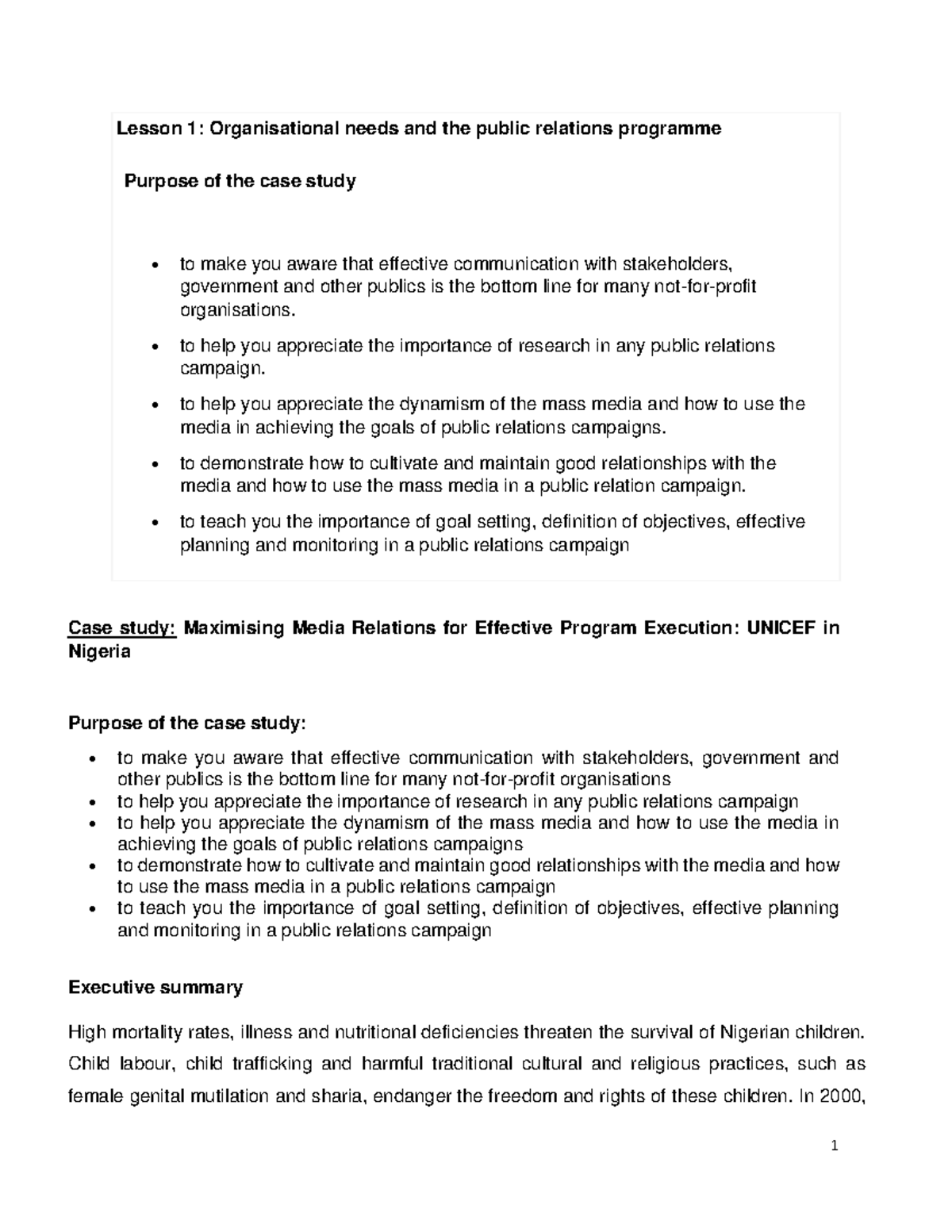 Case Study PR Strategies: UNICEF's Impact in Nigeria - Studocu