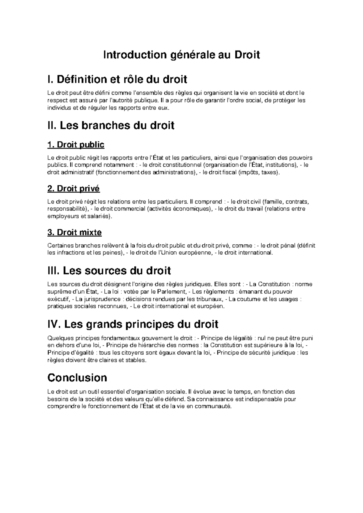 Cours Droit Introduction - Introduction générale au Droit I. Définition et rôle du droit Le ...