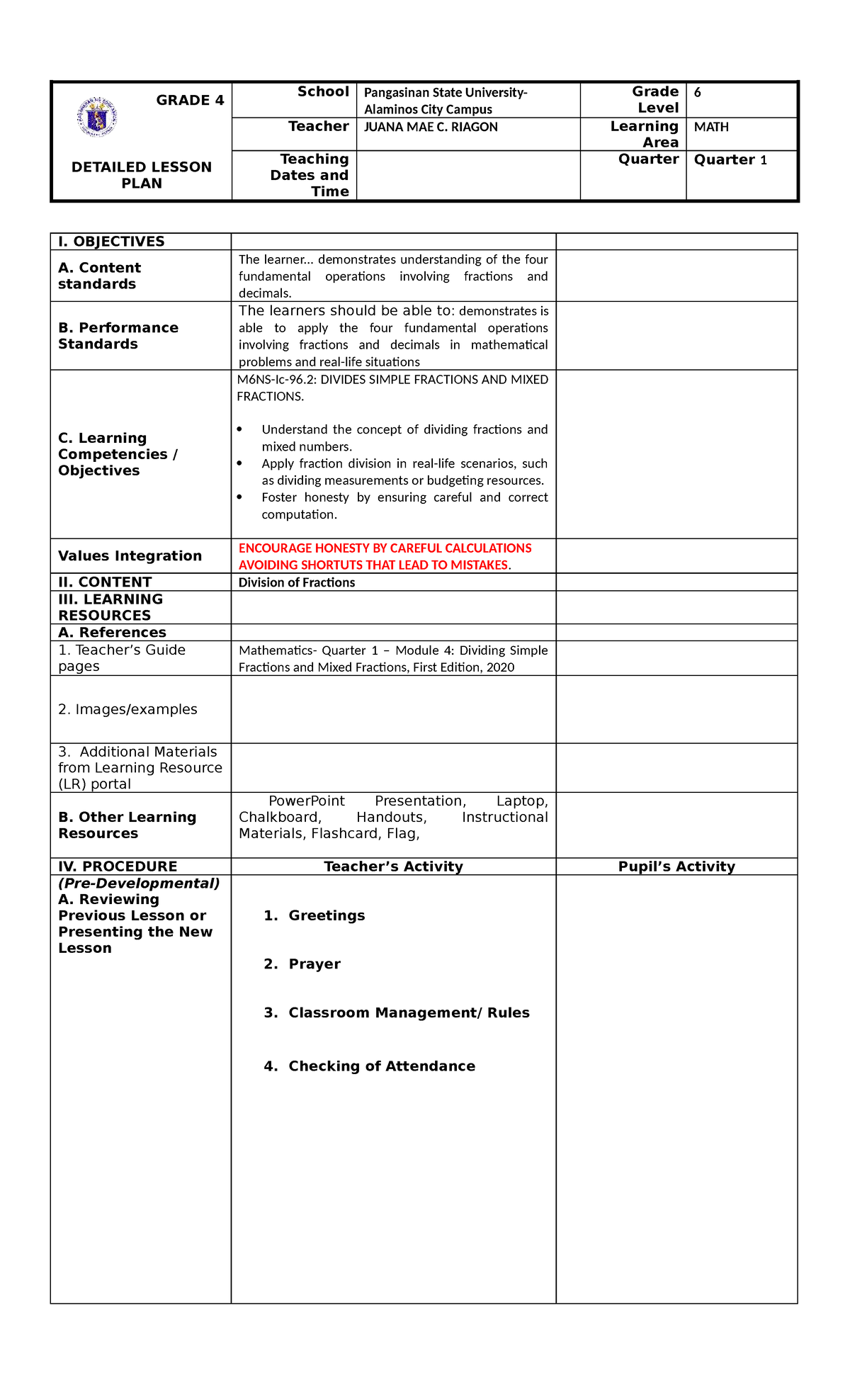 DLP MATH Riagon Final Exam - Grade 6 Detailed Lesson Plan on Dividing ...