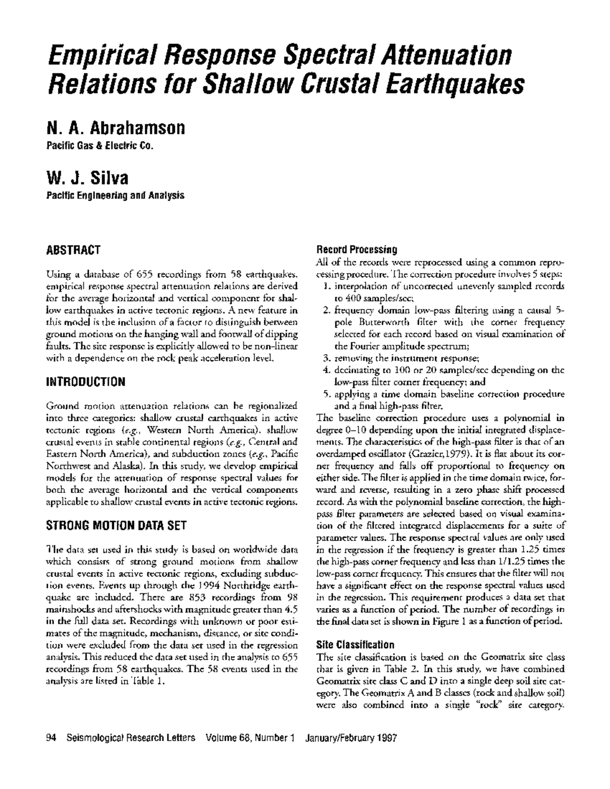Empirical Response Spectral Attenuation for Shallow Earthquakes (1997 ...
