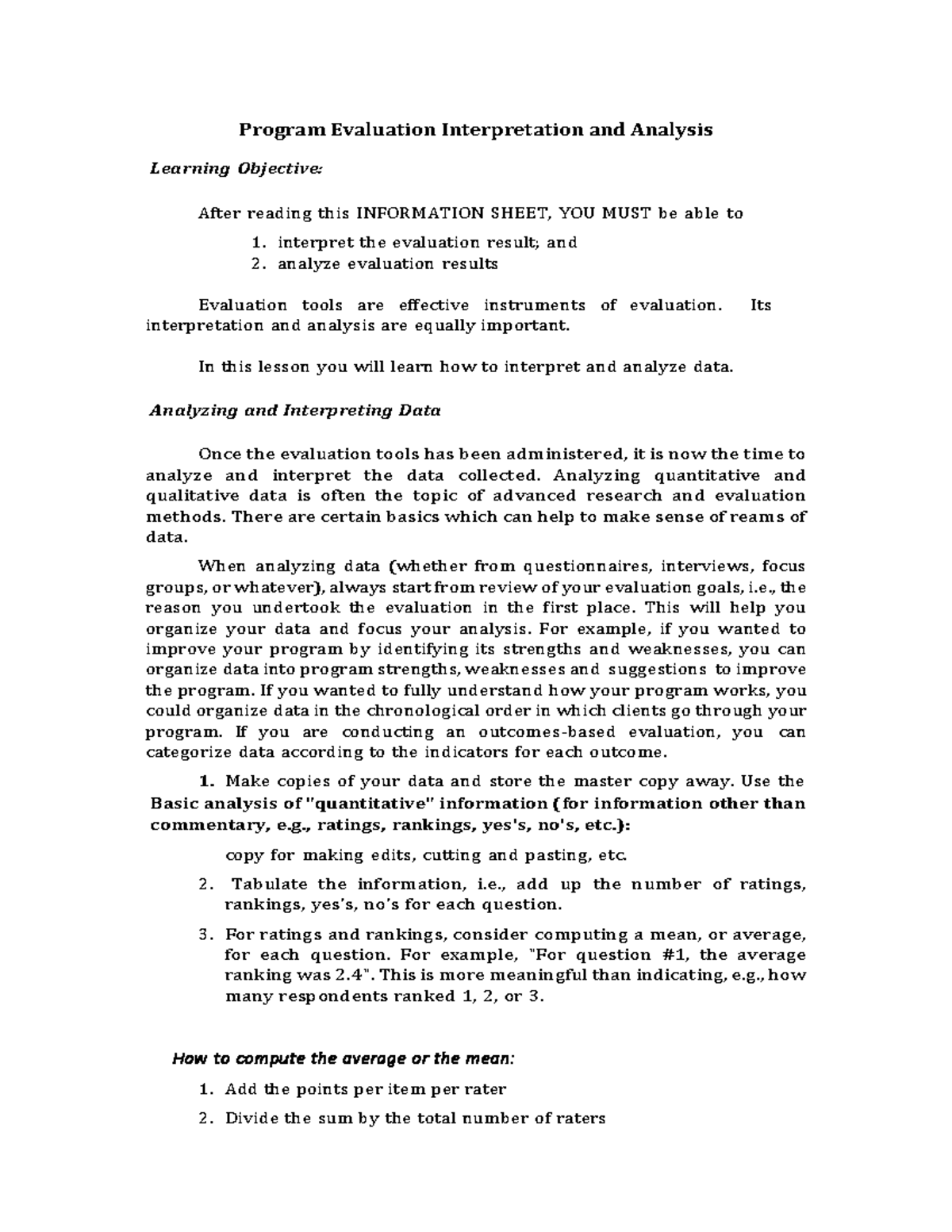 5 Program Evaluation Interpretation and Analysis - Program Evaluation ...