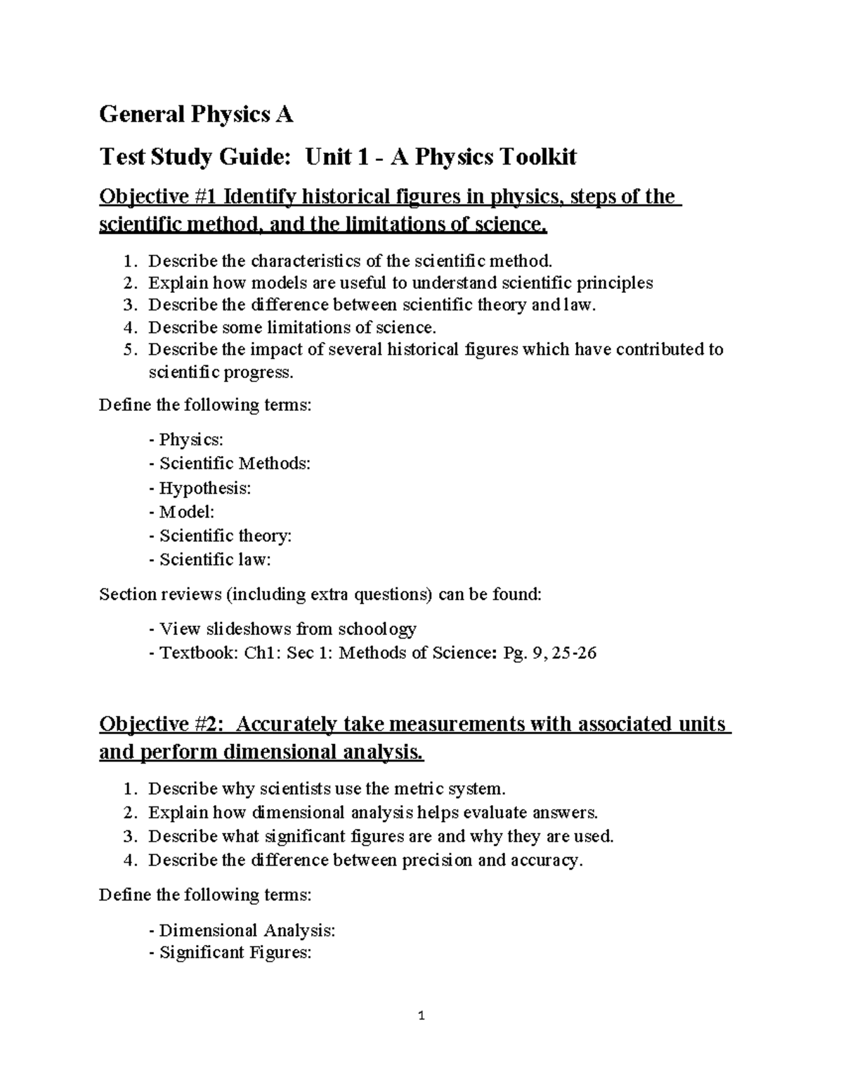 Physics A: Unit 1 Test Study Guide on Scientific Methods & Motion - Studocu